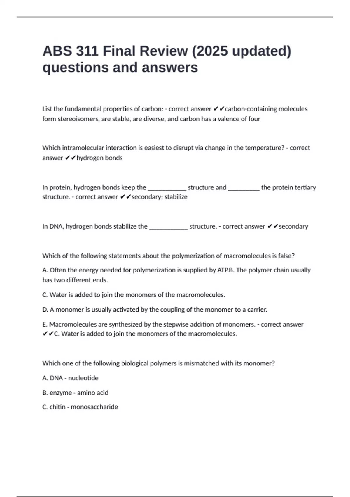 ABS 311 Final Review (2025 updated) questions and answers - ABS 311 - Stuvia US