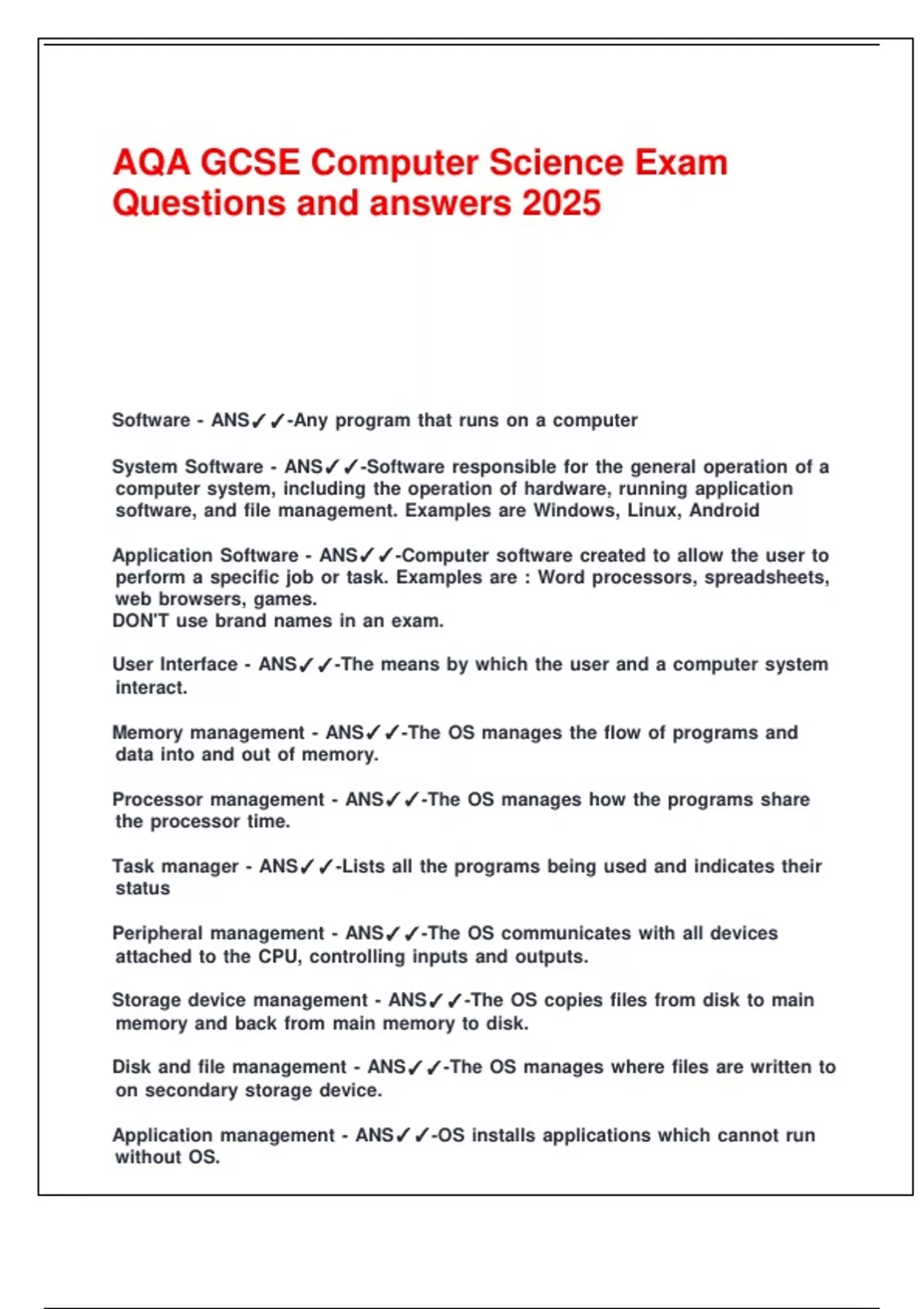 AQA GCSE Computer Science Exam Questions and answers 2025. - AQA GCSE - Stuvia US