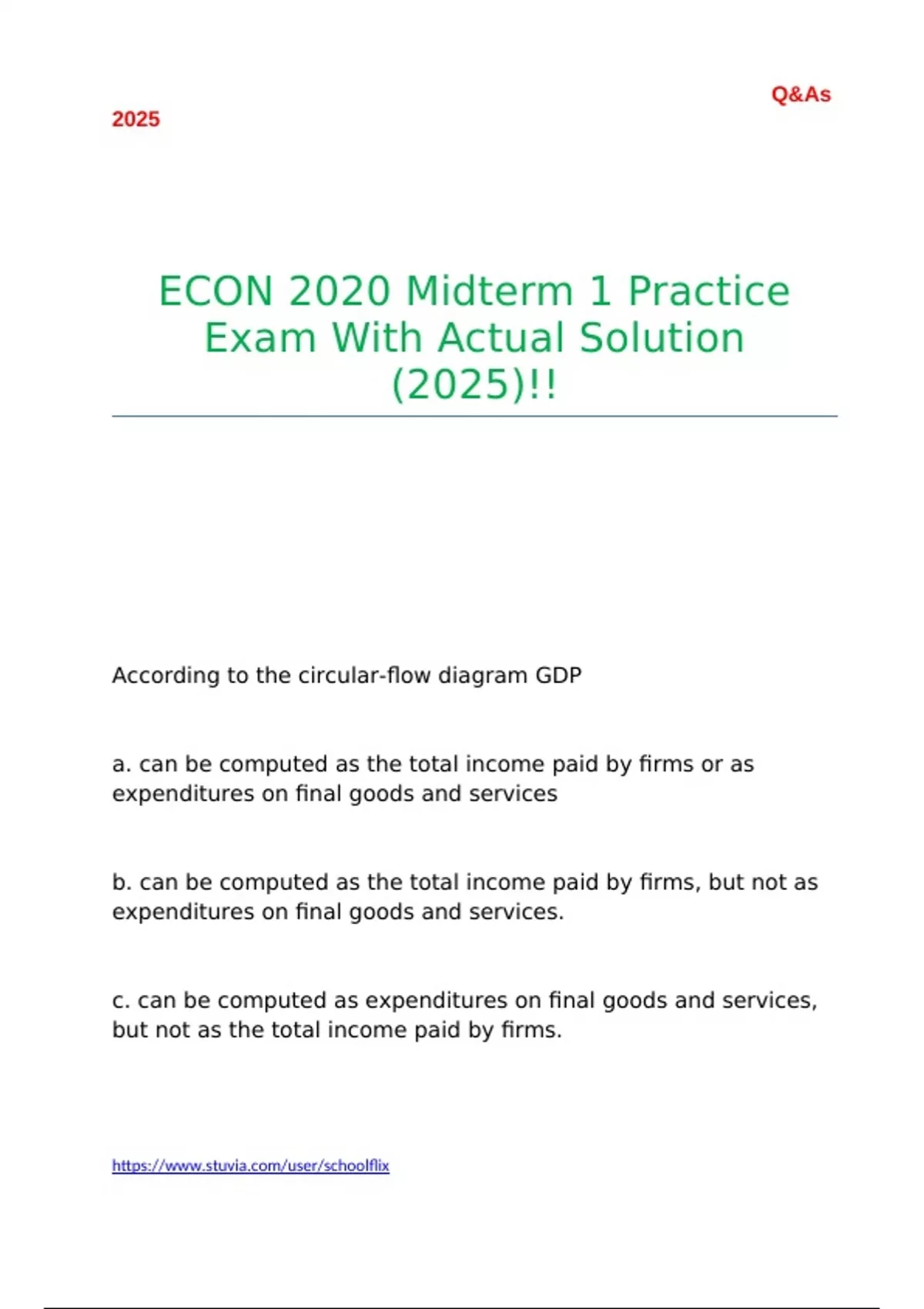 ECON 2020 Midterm 1 Practice Exam With Actual Solution (2025)!! - ECON 2020 - Stuvia US