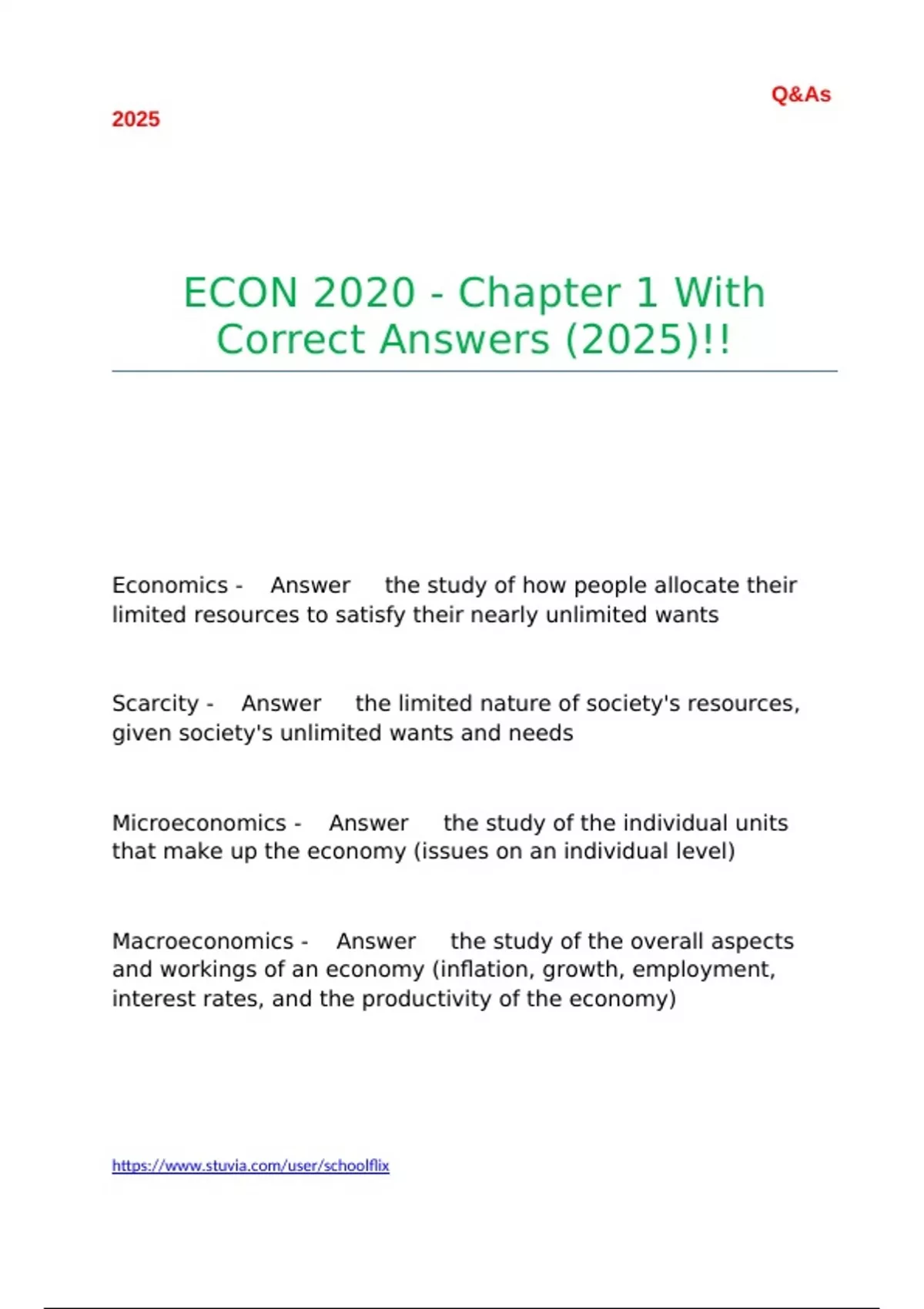 ECON 2020 - Chapter 1 With Correct Answers (2025)!! - ECON 2020 - Stuvia US