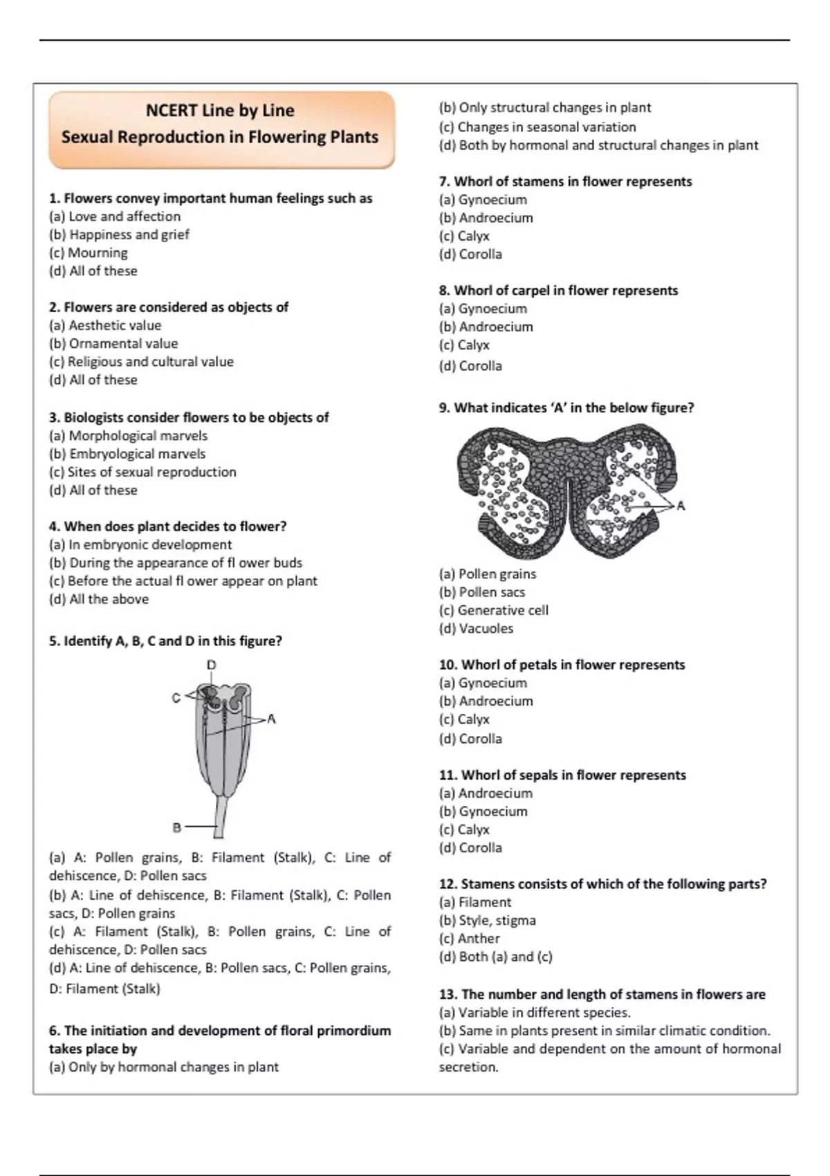 Sexual reproduction in flowering plants mcqs questions - Biology ...