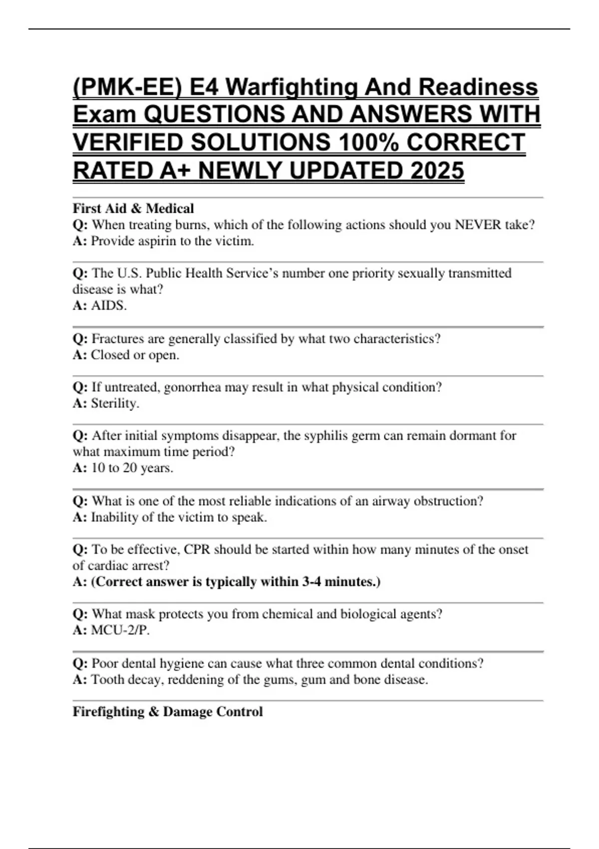 (PMK-EE) E4 Warfighting And Readiness Exam QUESTIONS AND ANSWERS WITH VERIFIED SOLUTIONS 100% ...