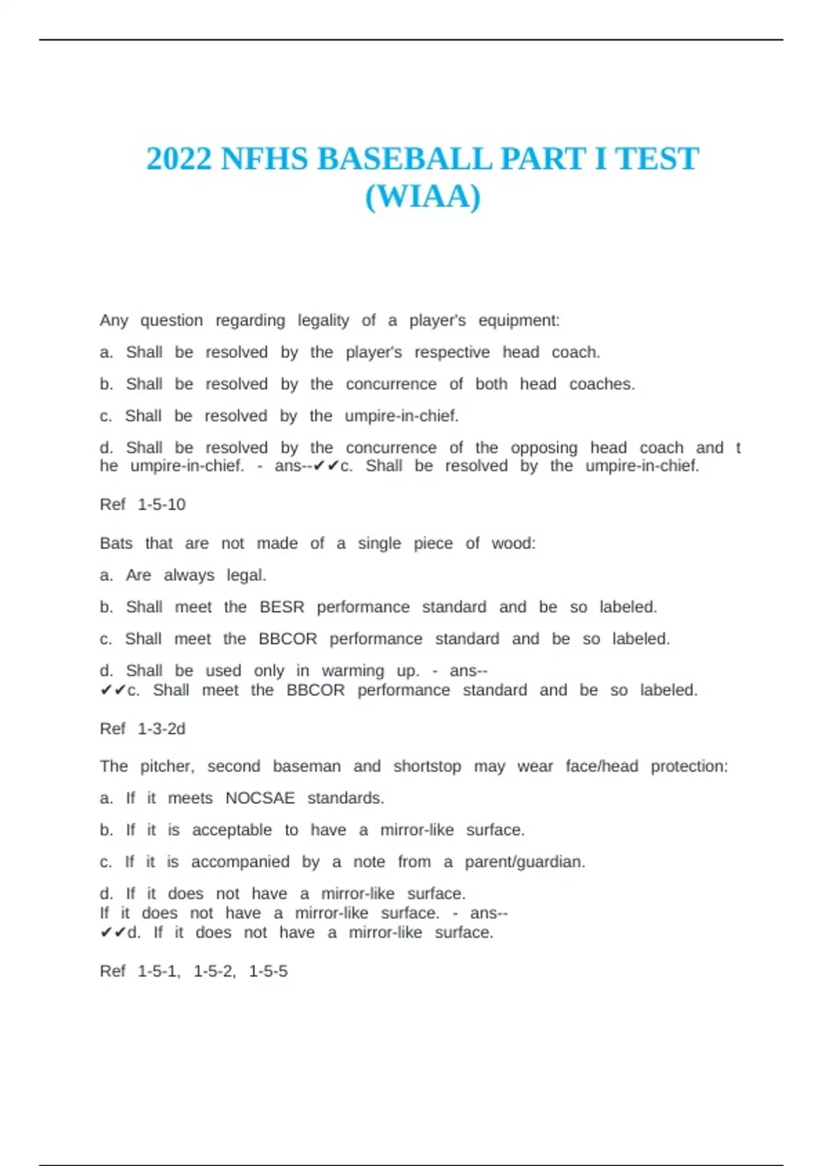 2022 NFHS BASEBALL PART I TEST - NFHS Baseball Rules - Stuvia US