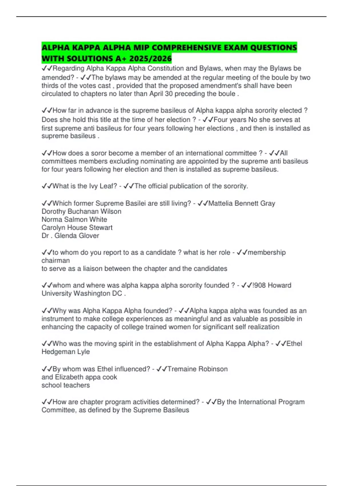 ALPHA KAPPA ALPHA MIP COMPREHENSIVE EXAM QUESTIONS WITH SOLUTIONS A+ ...