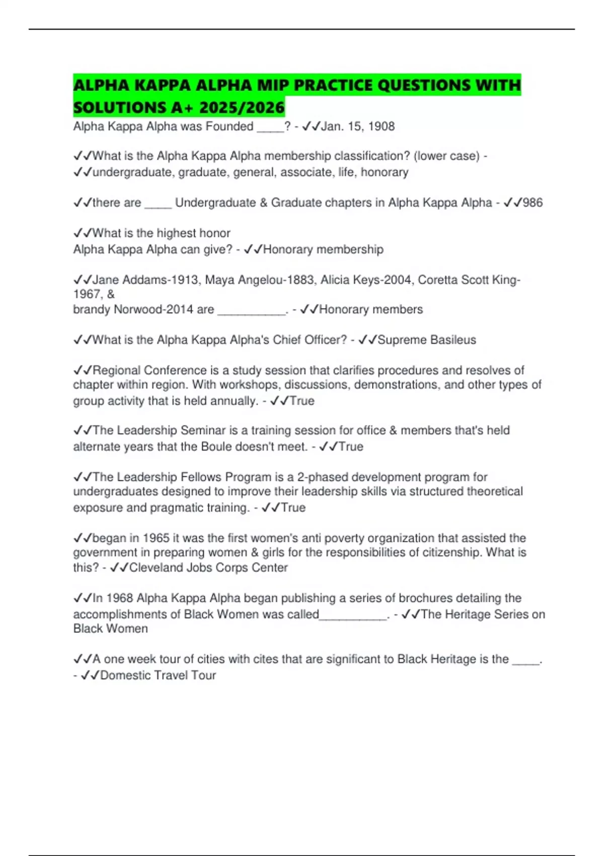 ALPHA KAPPA ALPHA MIP PRACTICE QUESTIONS WITH SOLUTIONS A+ 2025/2026 - ALPHA KAPPA ALPHA - Stuvia US