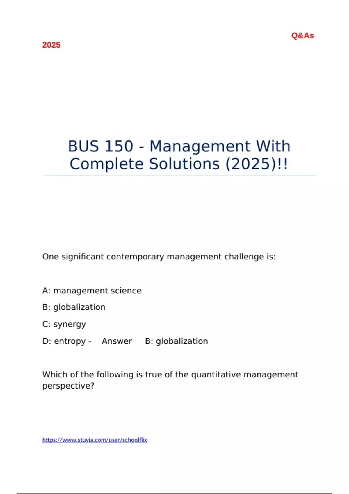 BUS 150 - Management With Complete Solutions (2025)!! - BUS 150 - Stuvia US