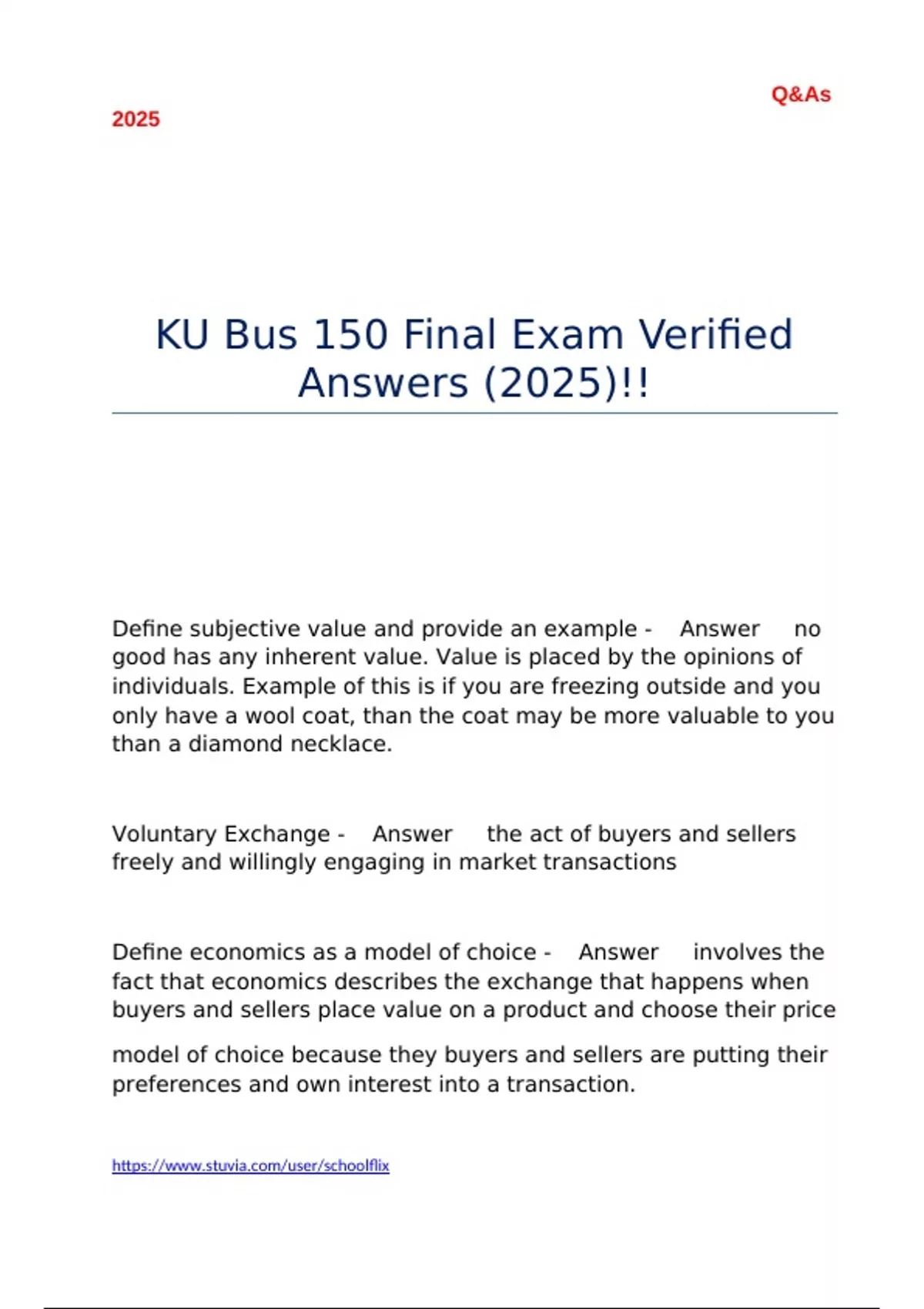 KU Bus 150 Final Exam Verified Answers (2025)!! - BUS 150 - Stuvia US