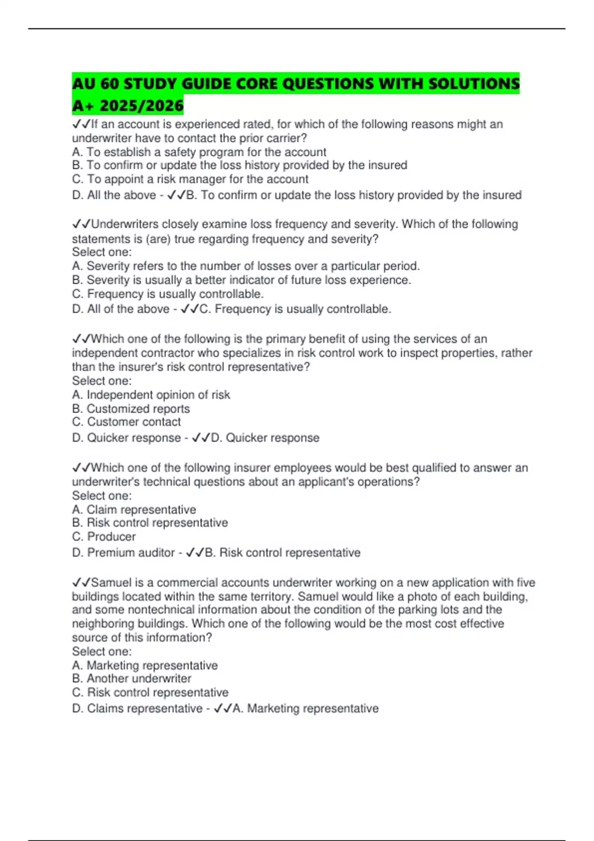 AU 60 STUDY GUIDE CORE QUESTIONS WITH SOLUTIONS A+ 2025/2026 - AU 60 ...