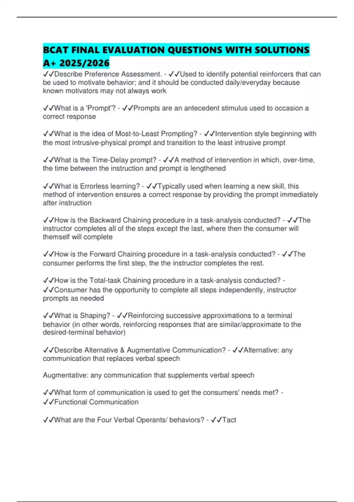 BCAT FINAL EVALUATION QUESTIONS WITH SOLUTIONS A+ 2025/2026 - BCAT ...