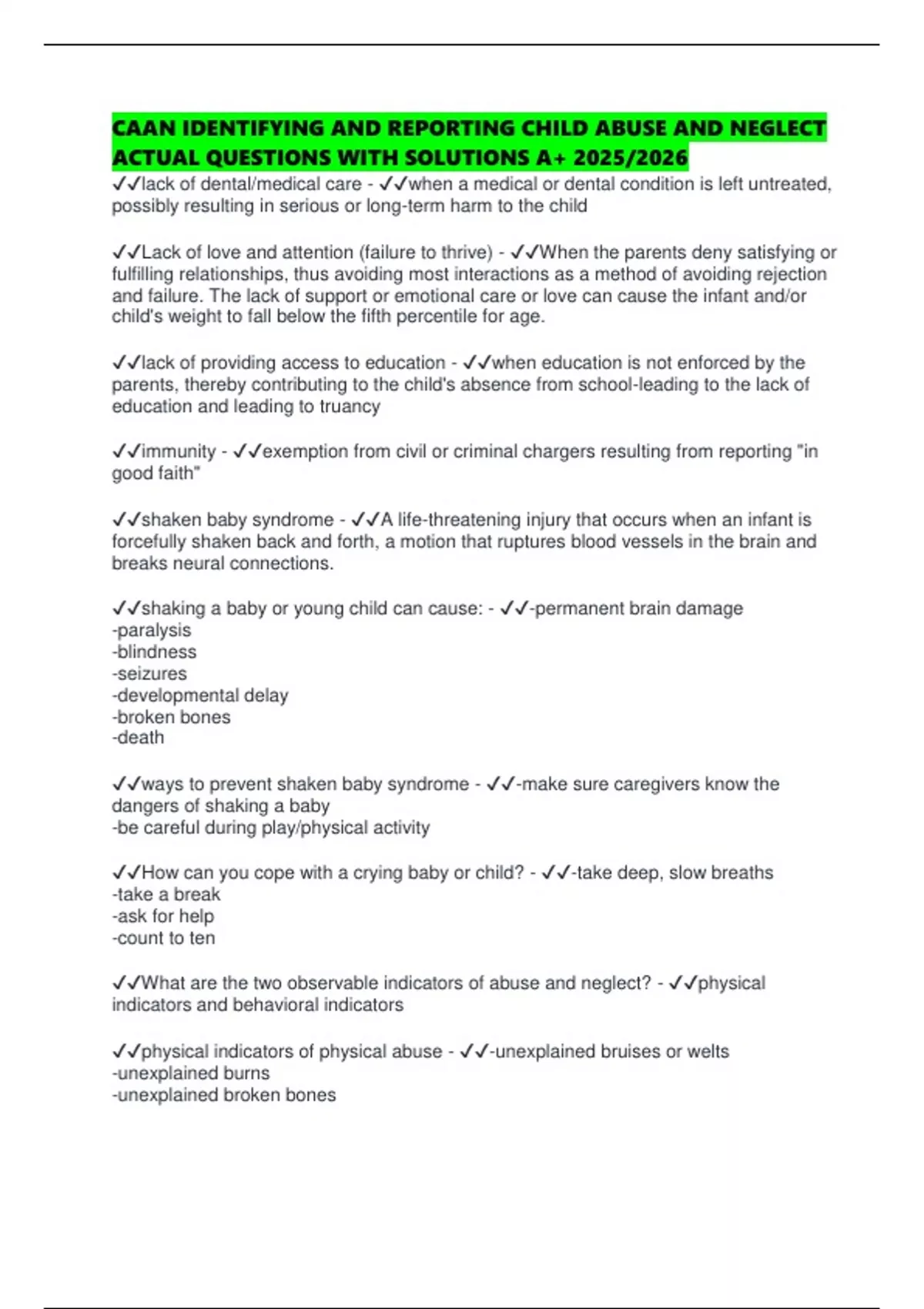 CAAN IDENTIFYING AND REPORTING CHILD ABUSE AND NEGLECT ACTUAL QUESTIONS ...