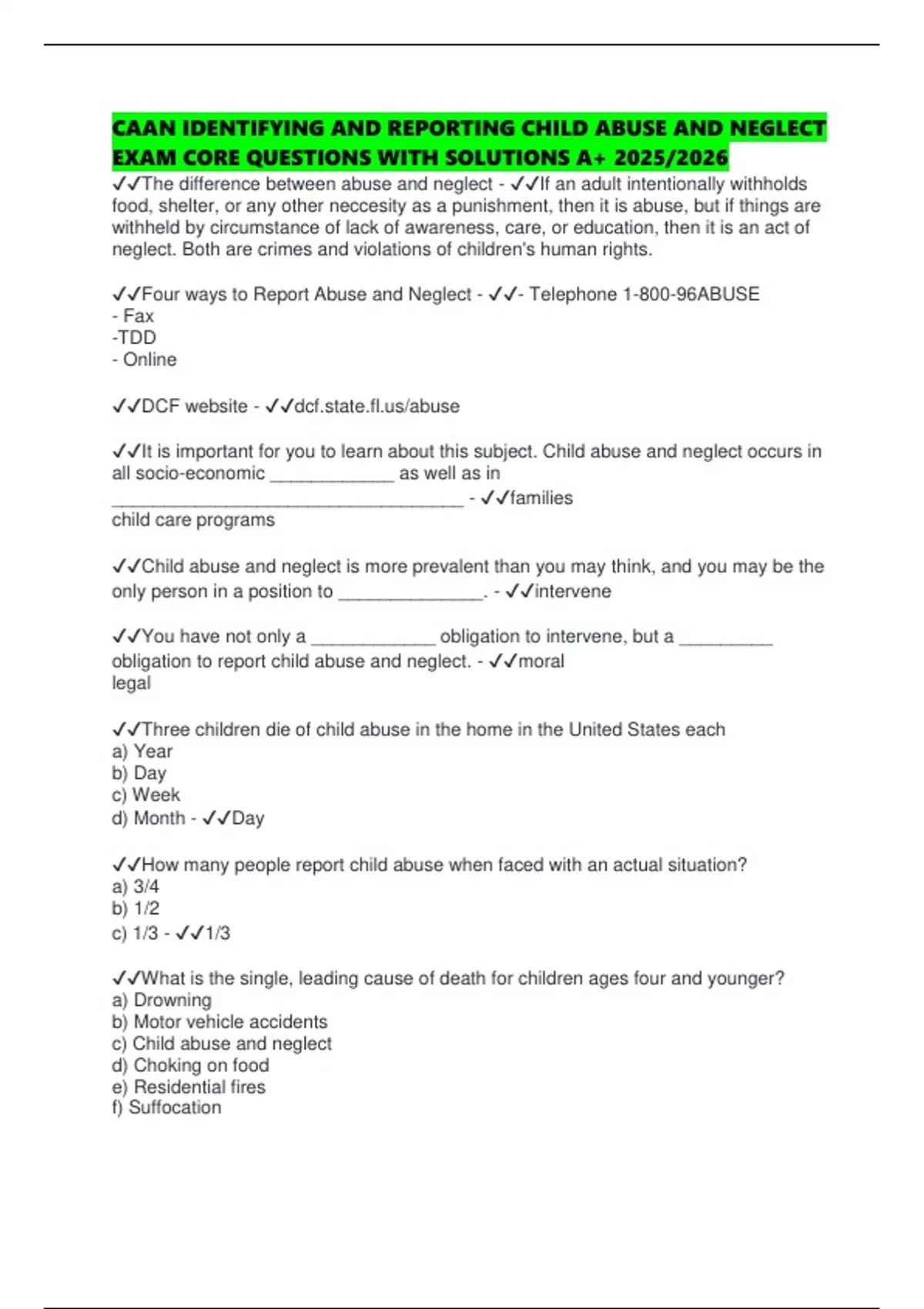 CAAN IDENTIFYING AND REPORTING CHILD ABUSE AND NEGLECT EXAM CORE QUESTIONS WITH SOLUTIONS A+ ...