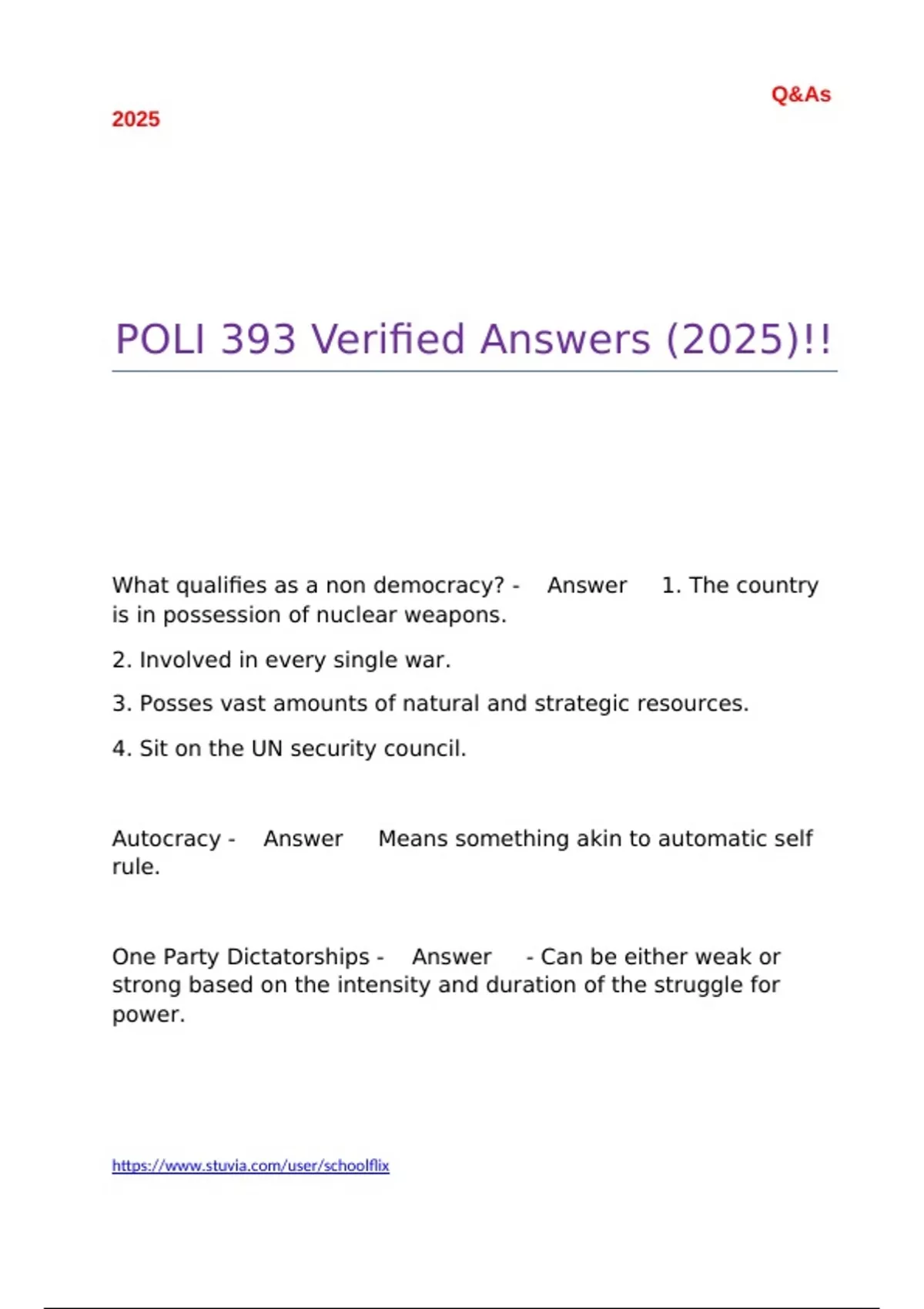 POLI 393 Verified Answers (2025)! - POLI 393 - Stuvia