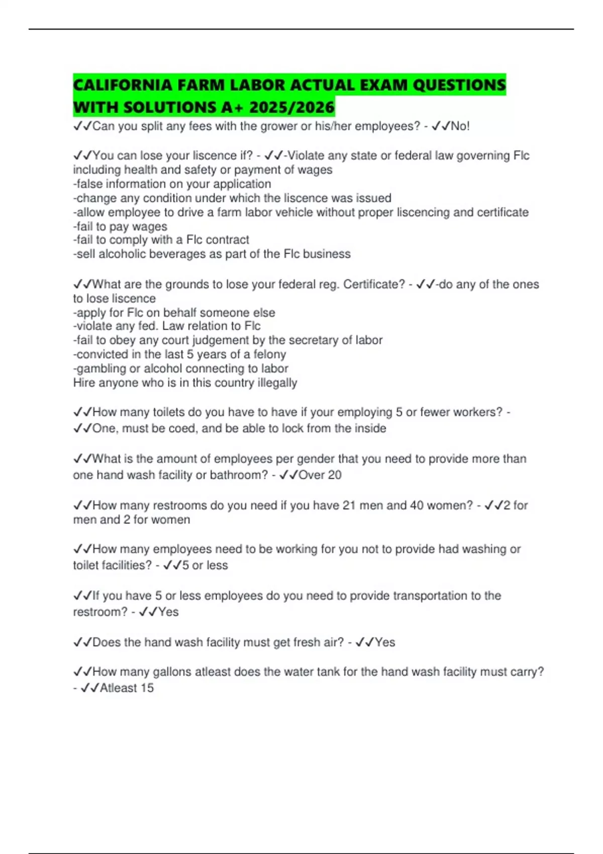 CALIFORNIA FARM LABOR ACTUAL EXAM QUESTIONS WITH SOLUTIONS A+ 2025/2026 ...
