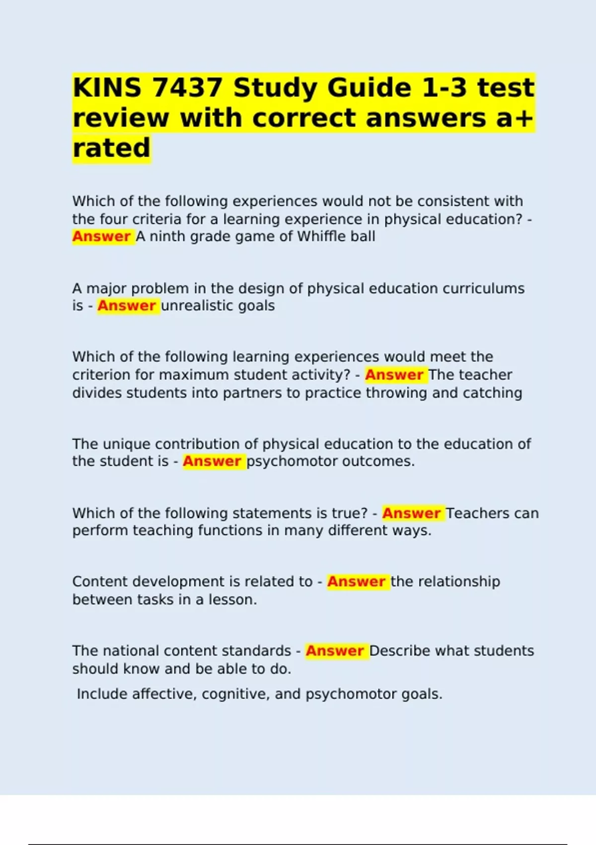KINS 7437 Study Guide 1-3 test review with correct answers a+ rated ...