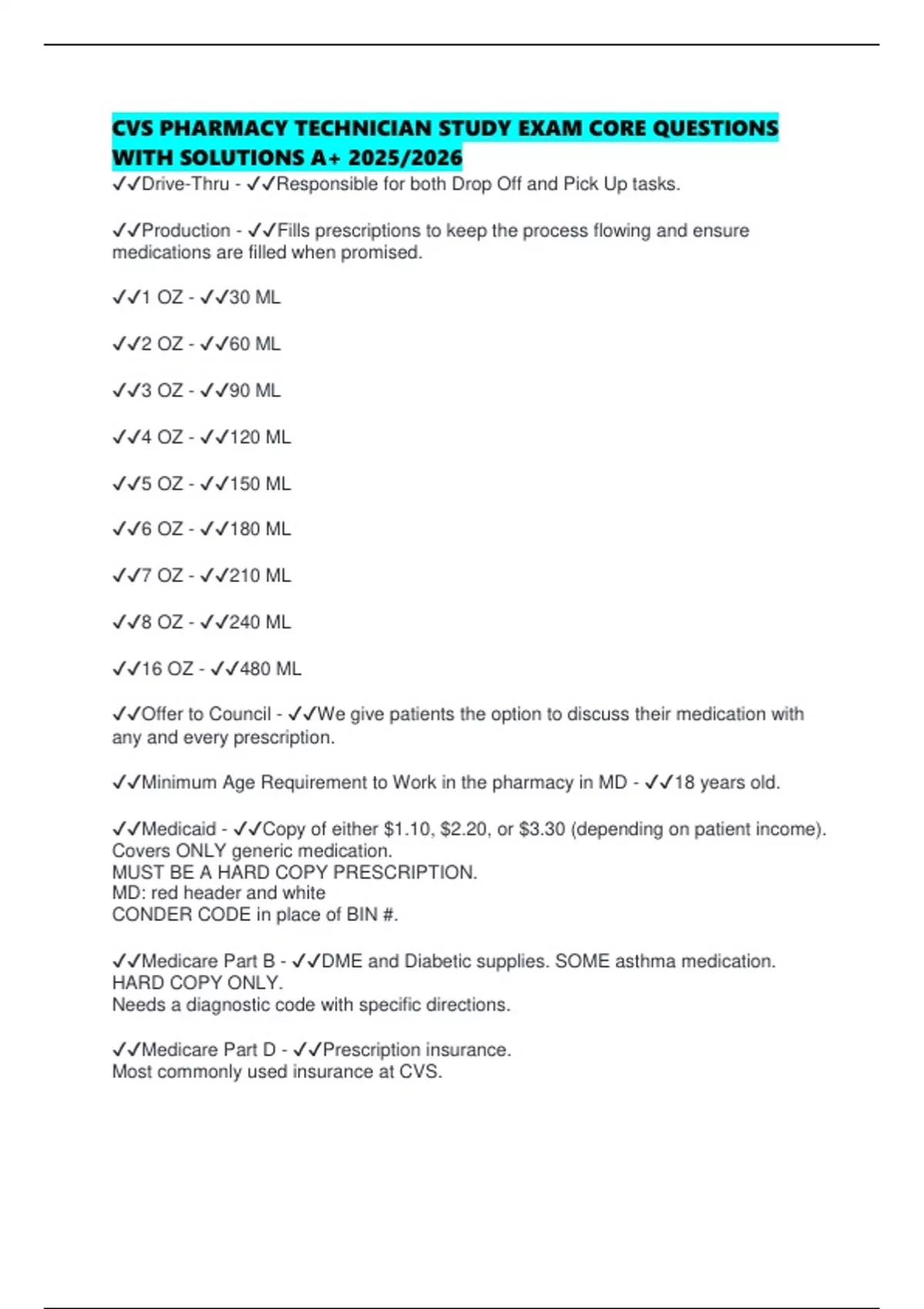 CVS PHARMACY TECHNICIAN STUDY EXAM CORE QUESTIONS WITH SOLUTIONS A+ ...