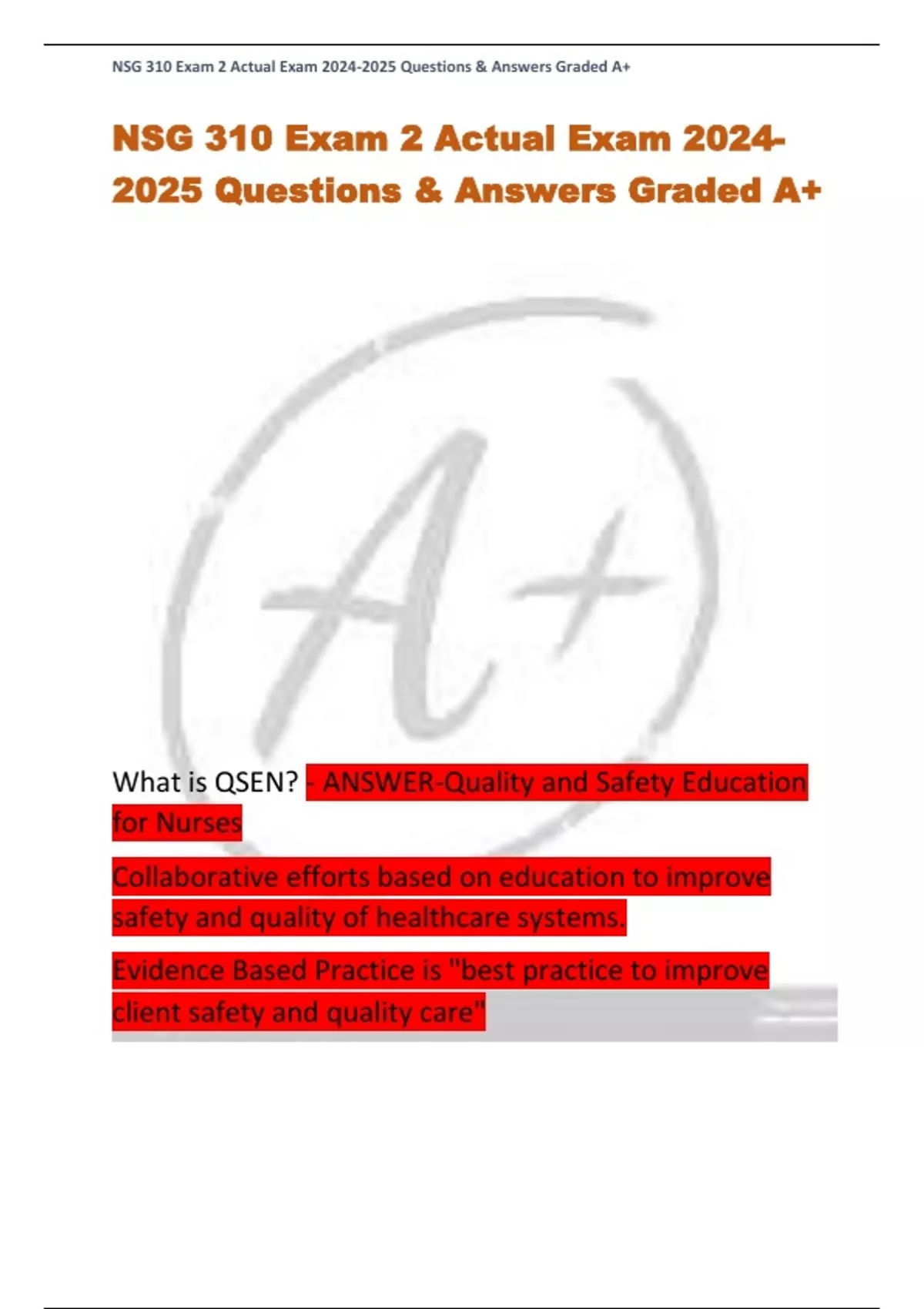 NSG 310 Exam 2 Actual Exam Questions & Answers Graded A+ - NSG 310 ...