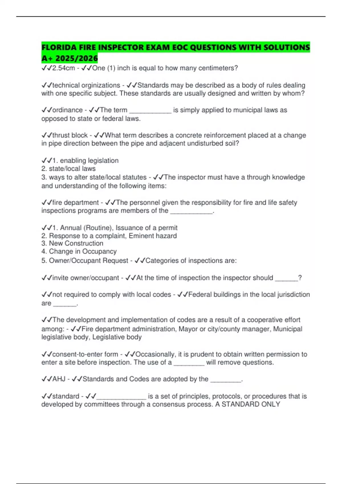 FLORIDA FIRE INSPECTOR EXAM EOC QUESTIONS WITH SOLUTIONS A+ 2025/2026 ...