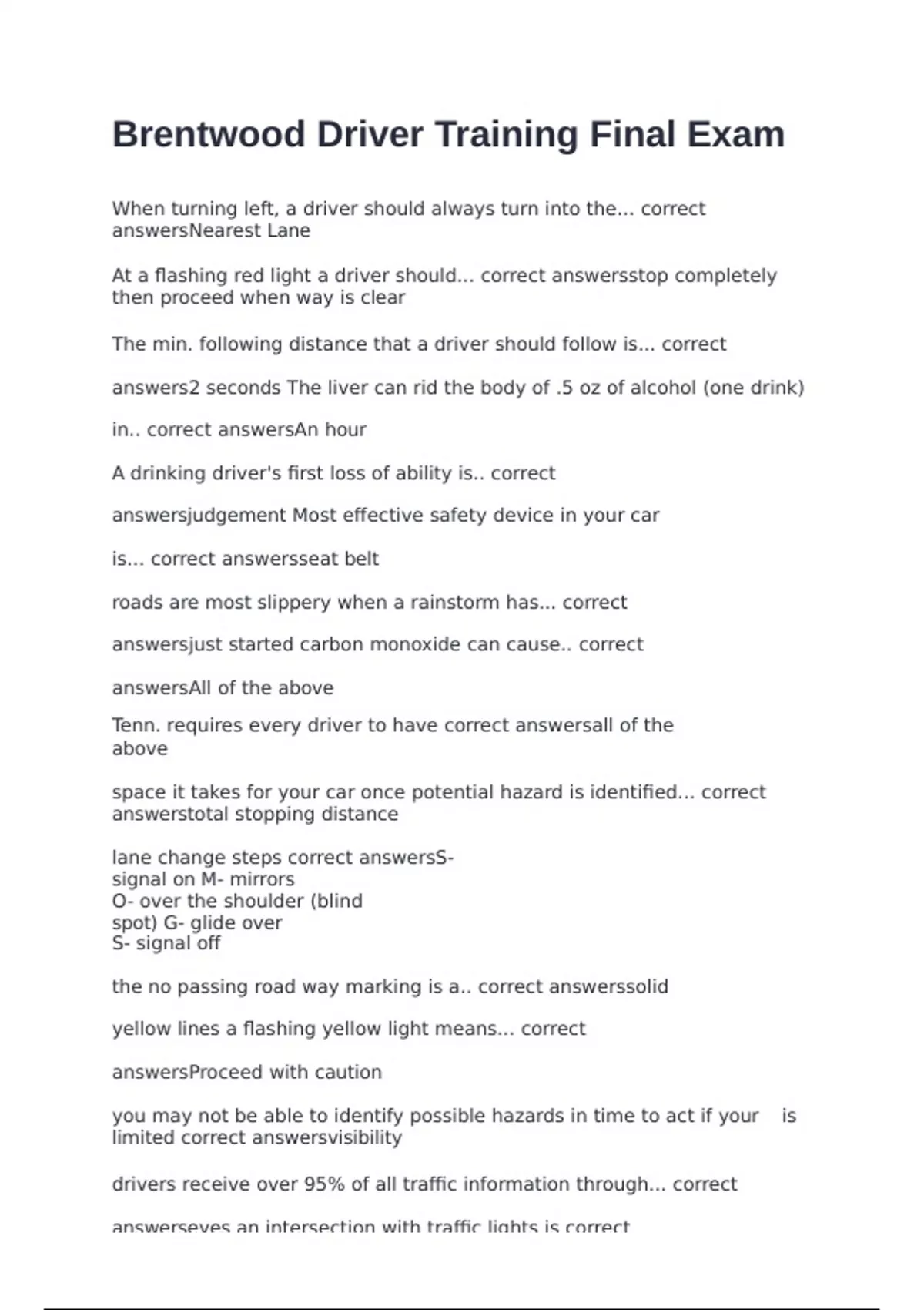 Brentwood Driver Training Final Exam with 100% correct answers 2025 ...