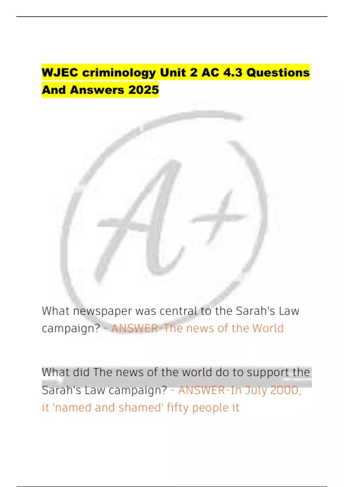 WJEC criminology Unit 2 AC 4.3 Questions And Answers 2025 - WJEC crimid ...