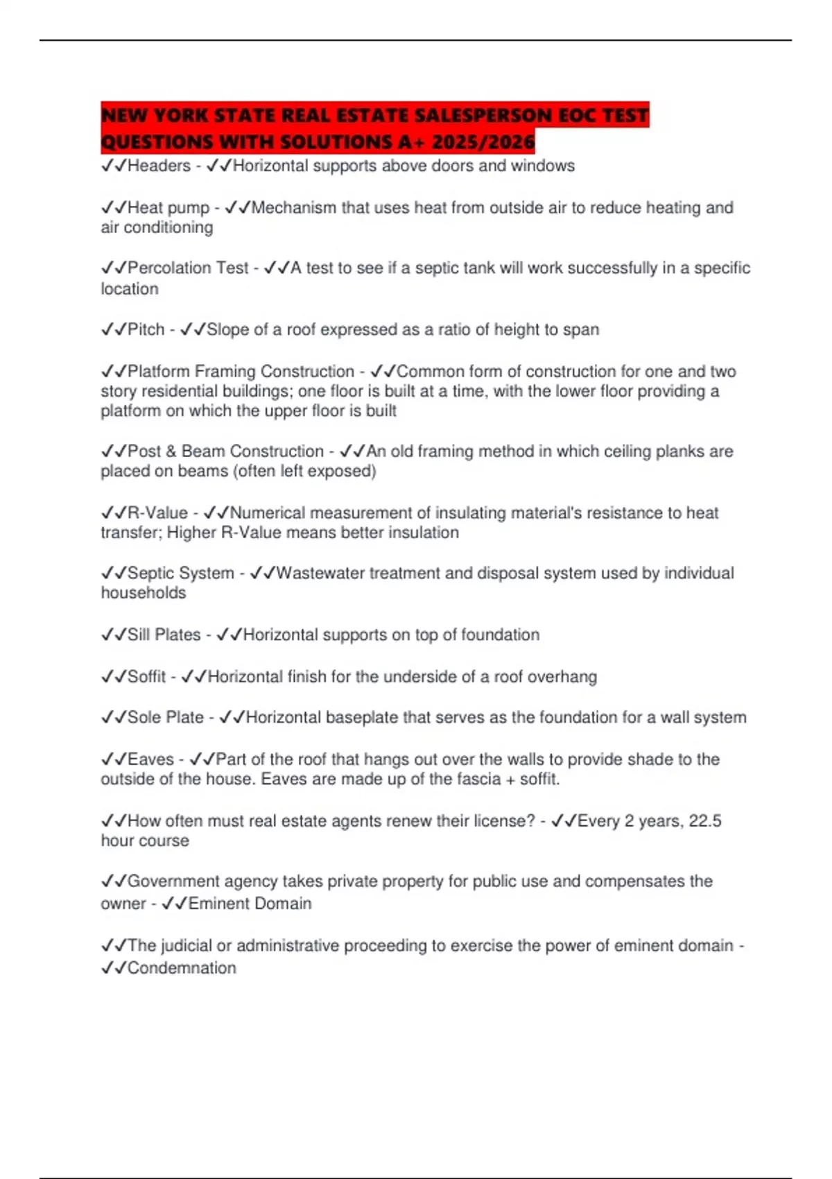 NEW YORK STATE REAL ESTATE SALESPERSON EOC TEST QUESTIONS WITH ...