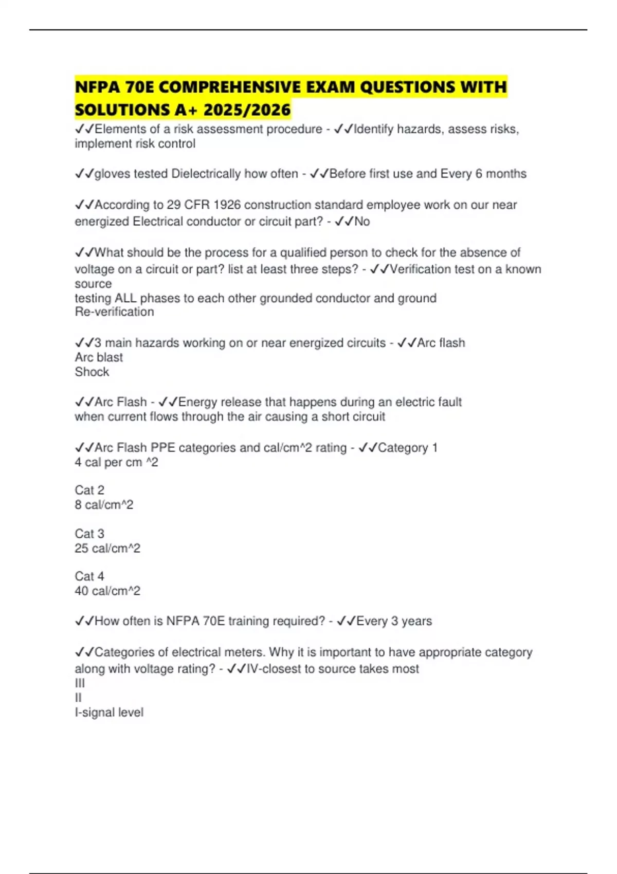 NFPA 70E COMPREHENSIVE EXAM QUESTIONS WITH SOLUTIONS A+ 2025/2026 ...