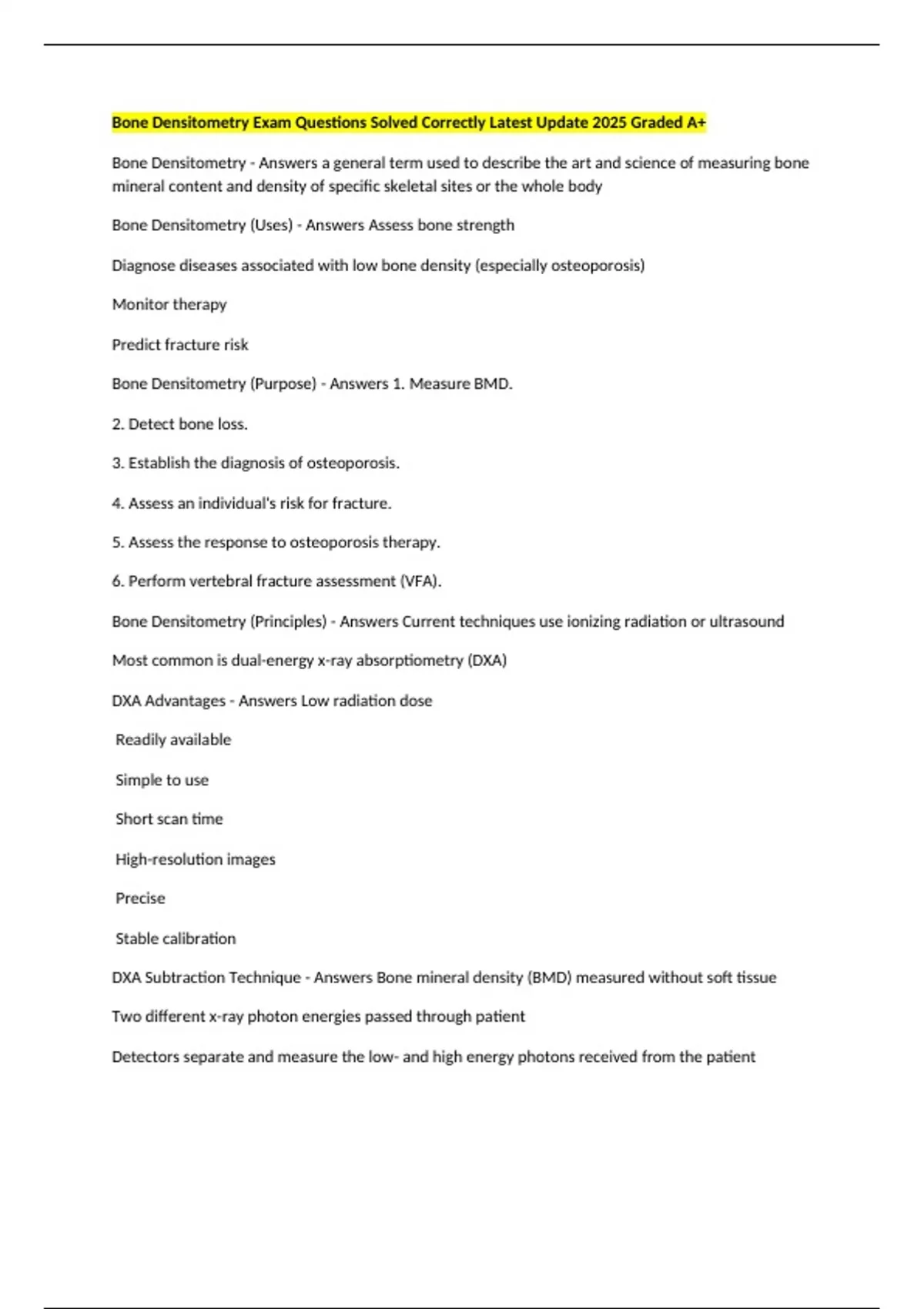 Bone Densitometry Exam Questions Solved Correctly Latest Update 2025 ...