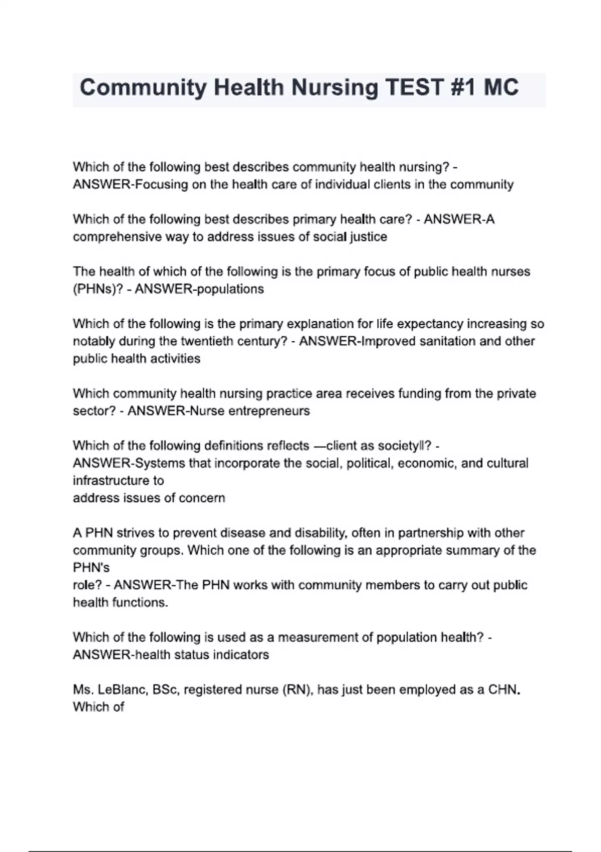 Community Health Nursing TEST -1 MC questions and answers - Community ...