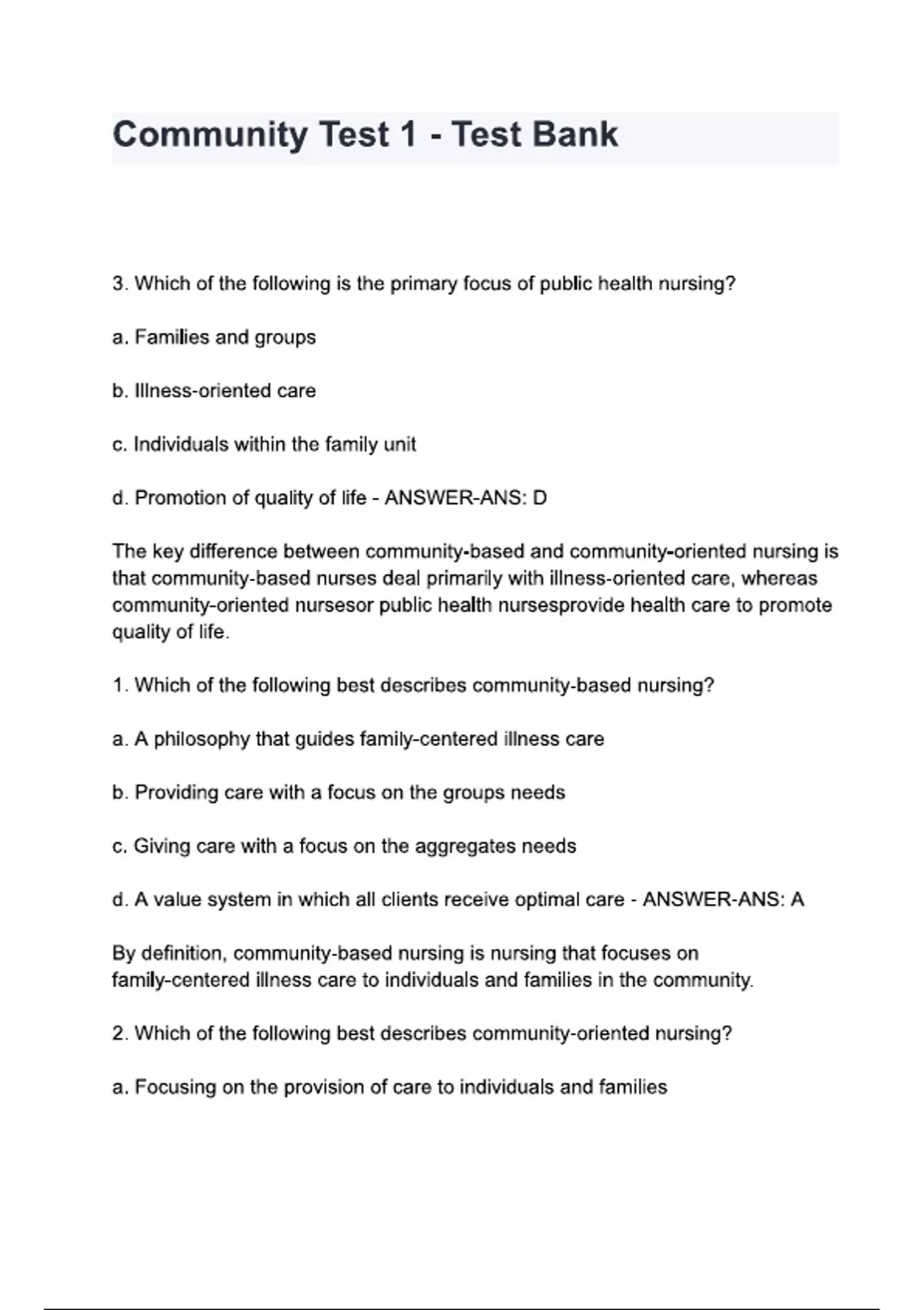 Community Test 1 - Test Bank questions and answers - Community health ...