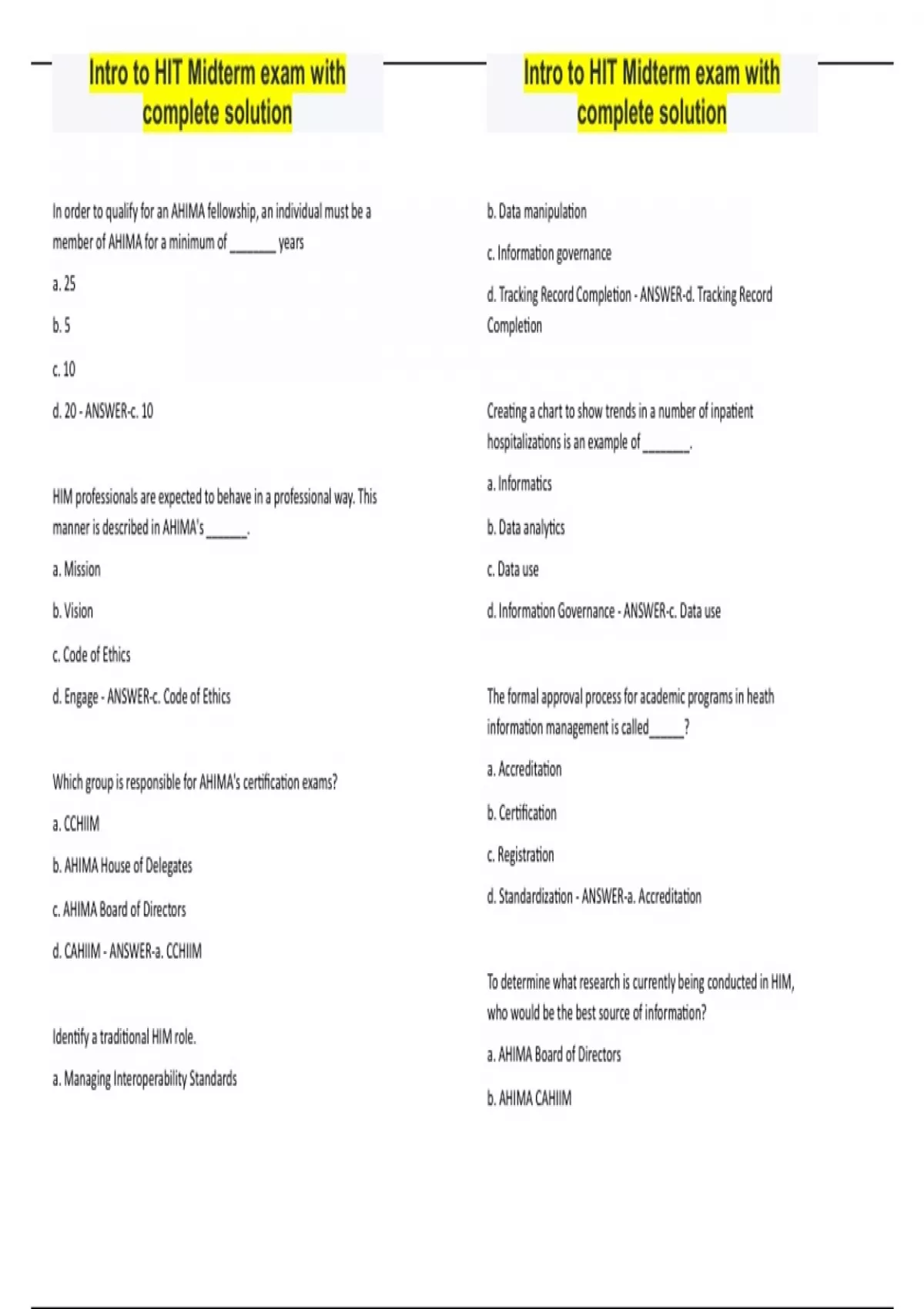 Intro to HIT Midterm exam with complete solution - Intro to HIT - Stuvia US