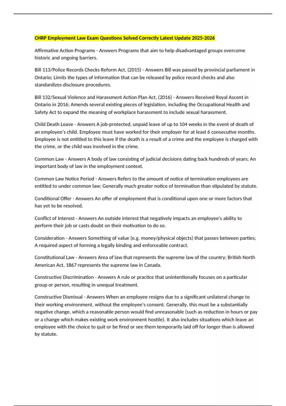 CHRP Employment Law Exam Questions Solved Correctly Latest Update ...