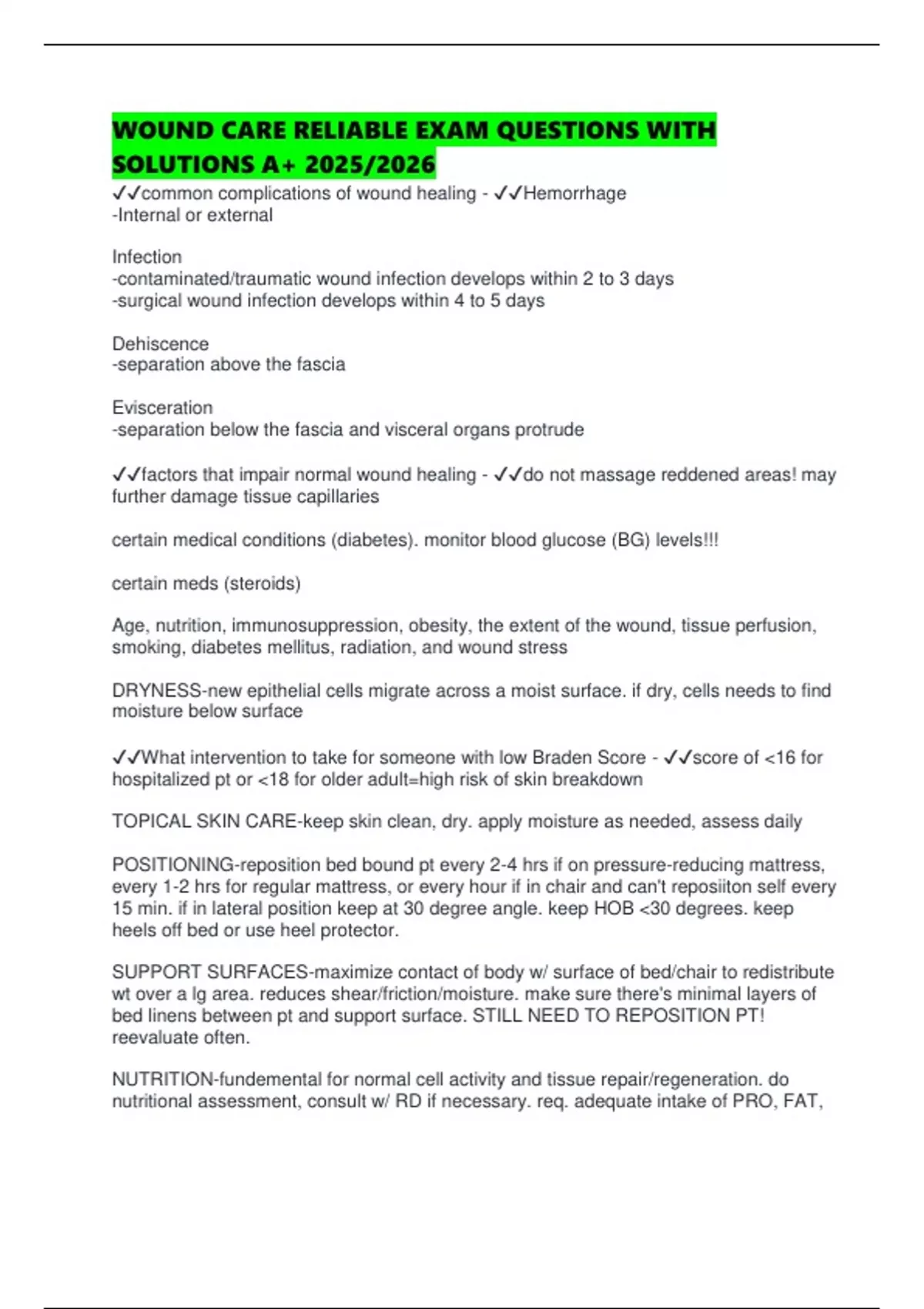 WOUND CARE RELIABLE EXAM QUESTIONS WITH SOLUTIONS A+ 2025/2026 - Wound Care Certification ...