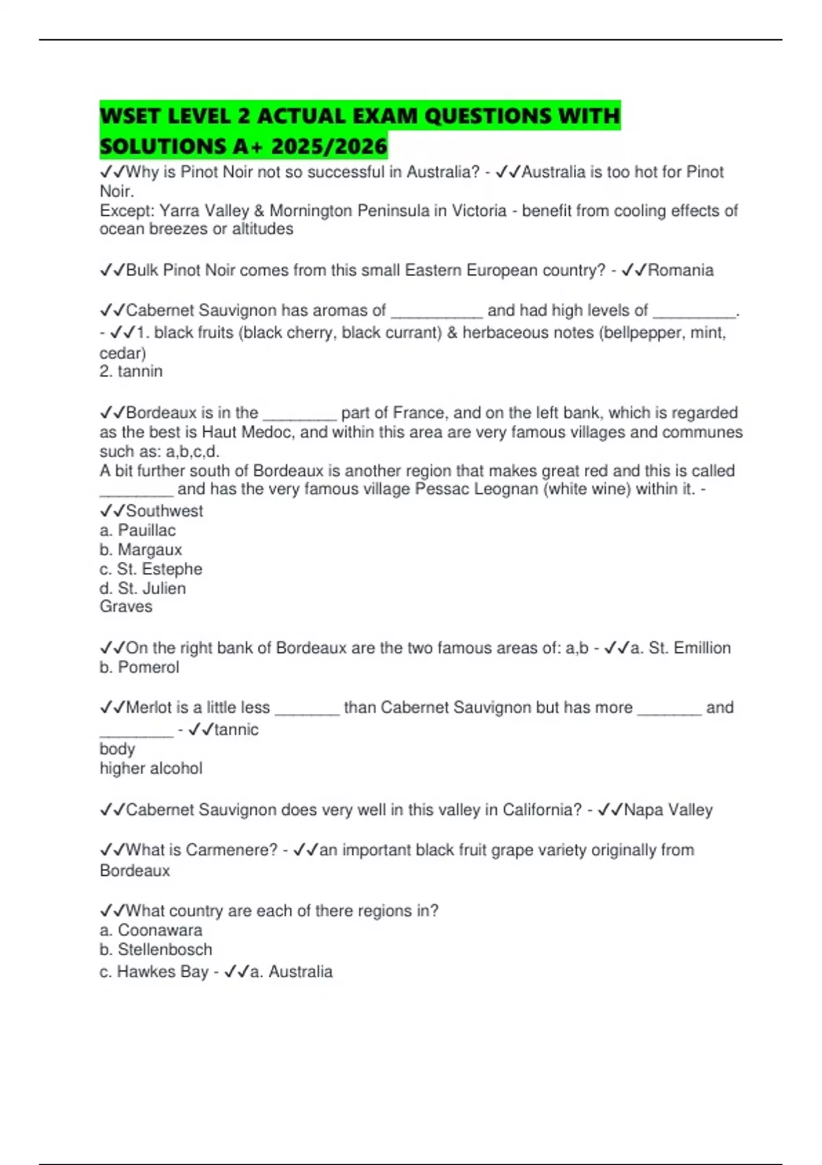 Wset Level 2 Actual Exam Questions With Solutions A 2025 2026 Wset