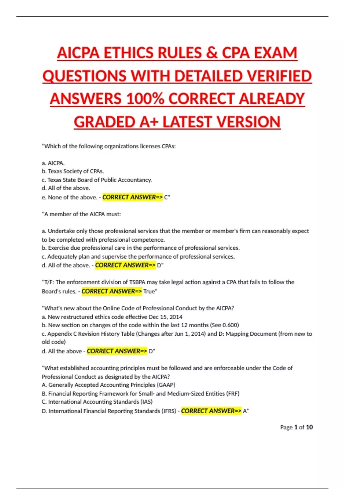 AICPA ETHICS RULES & CPA EXAM QUESTIONS WITH DETAILED VERIFIED ANSWERS ...