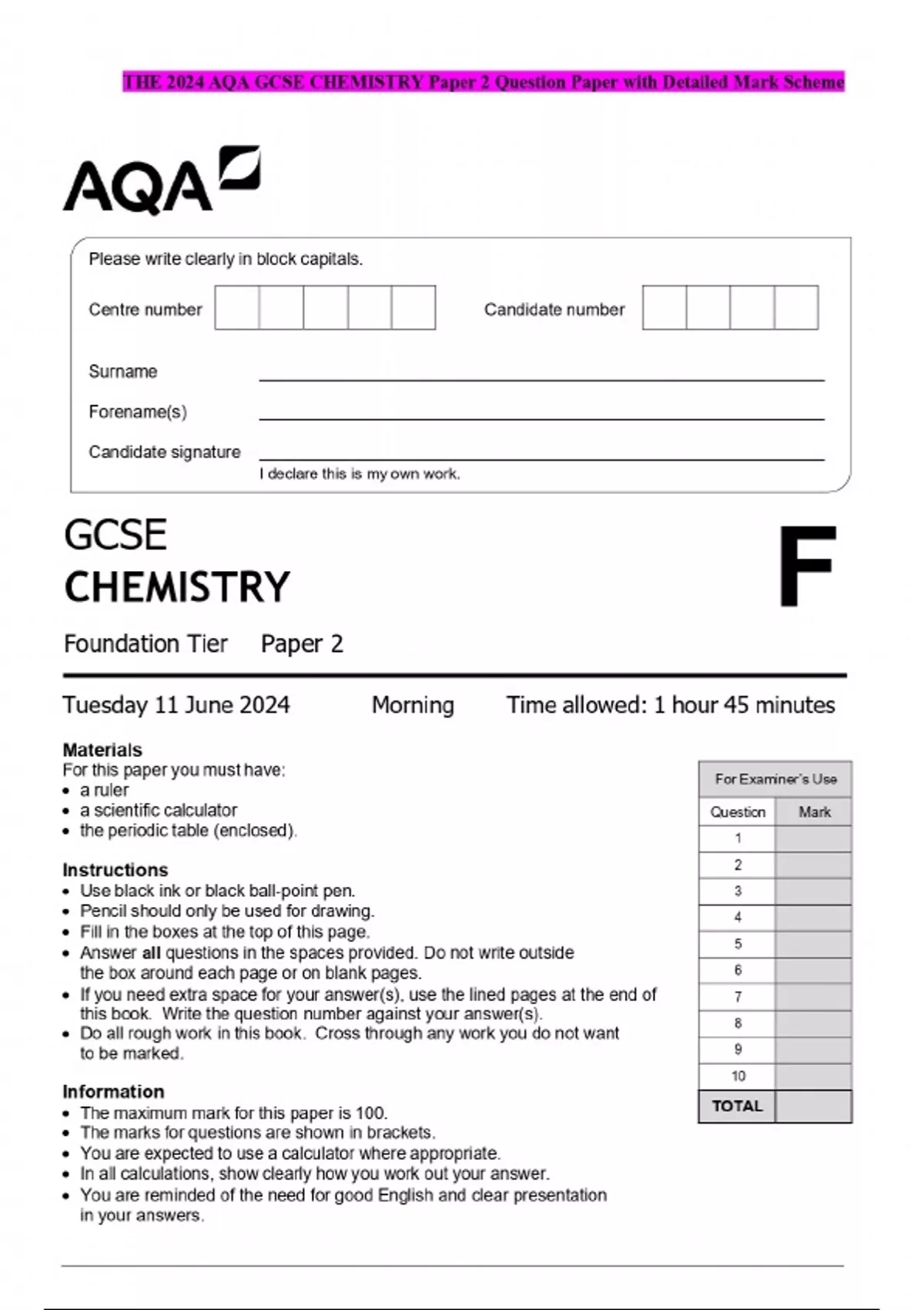 THE 2024 AQA GCSE CHEMISTRY Paper 2 Question Paper with Detailed Mark ...