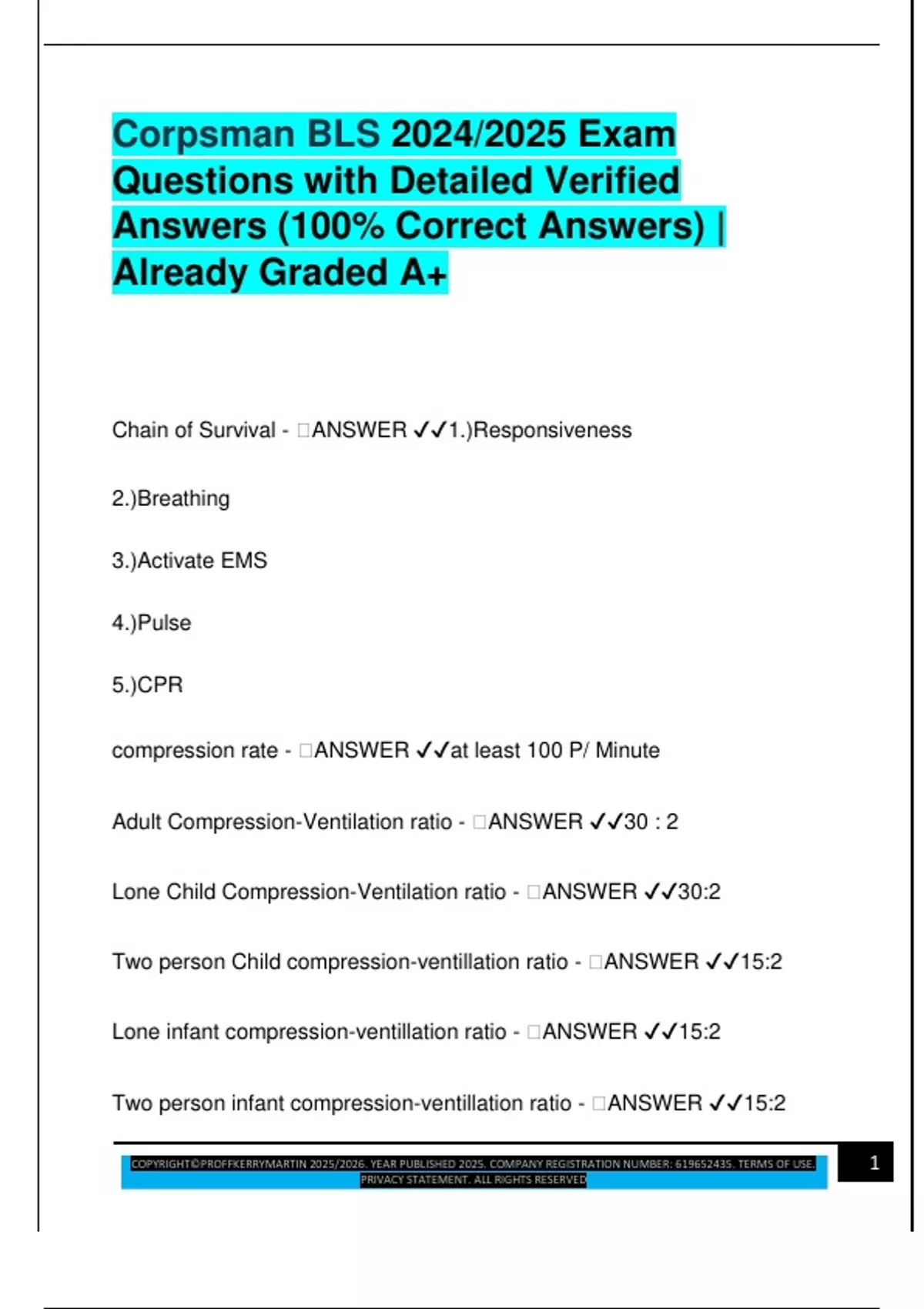 Corpsman BLS 2024/2025 Exam Questions with Detailed Verified Answers (100% Correct Answers ...
