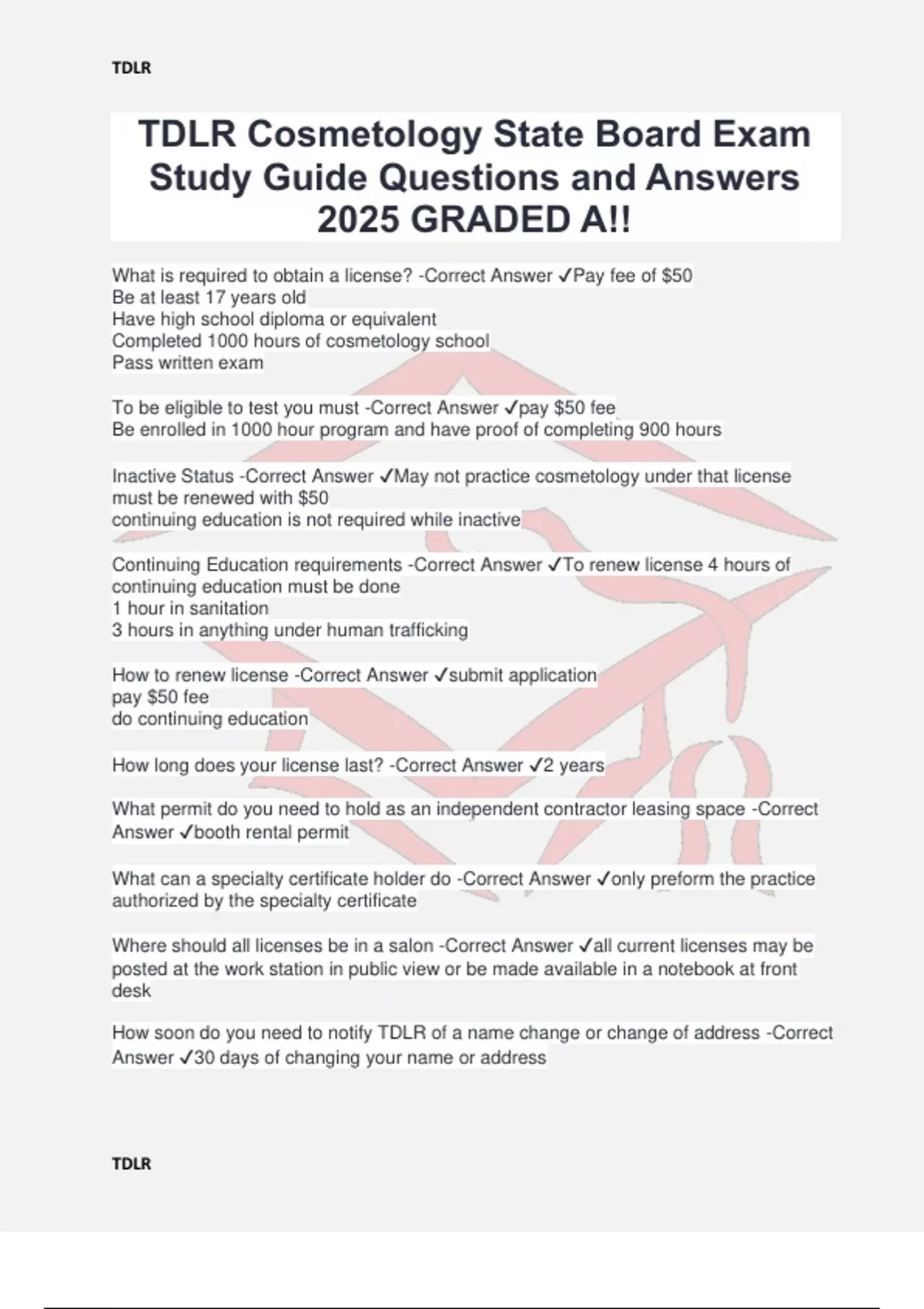 TDLR Cosmetology State Board Exam Study Guide Questions and Answers ...