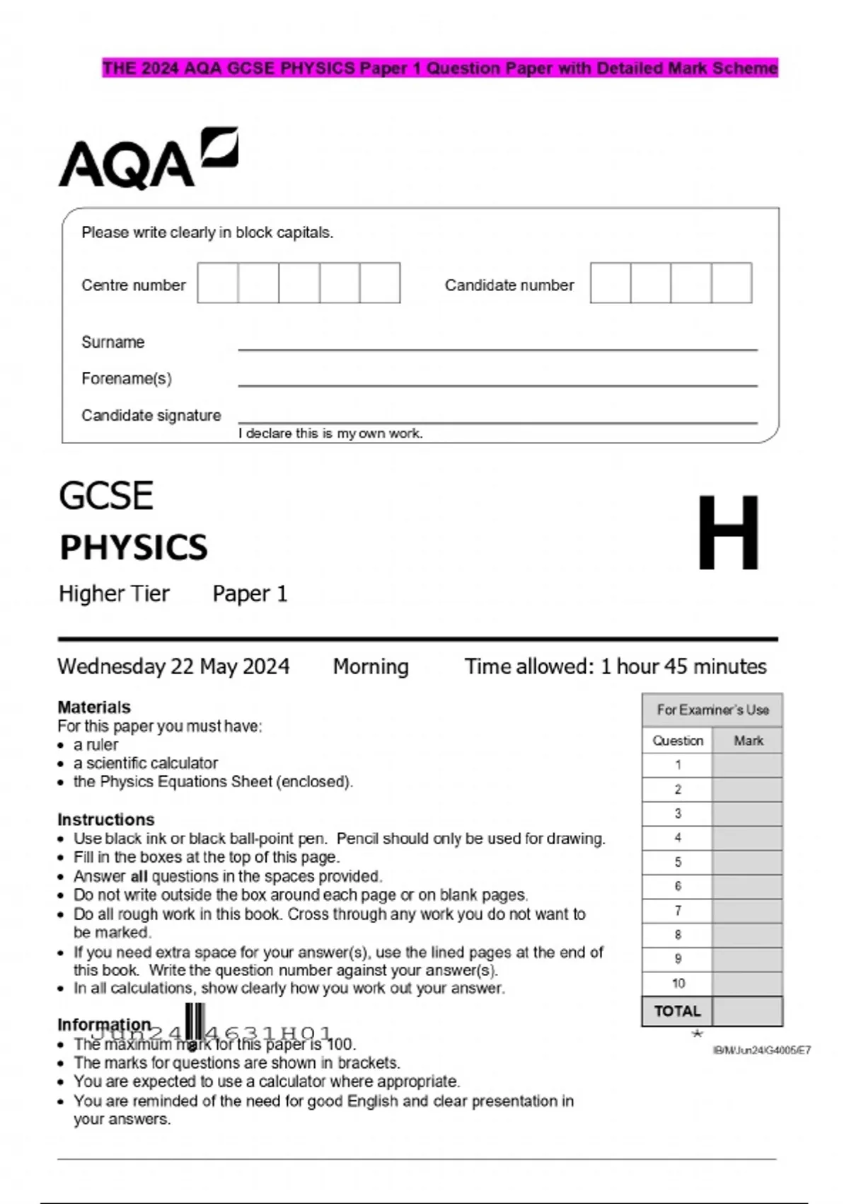 THE 2024 AQA GCSE PHYSICS Paper 1 Question Paper with Detailed Mark ...