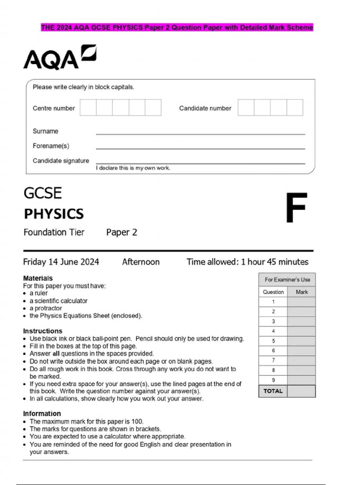 THE 2024 AQA GCSE PHYSICS Paper 2 Question Paper with Detailed Mark ...