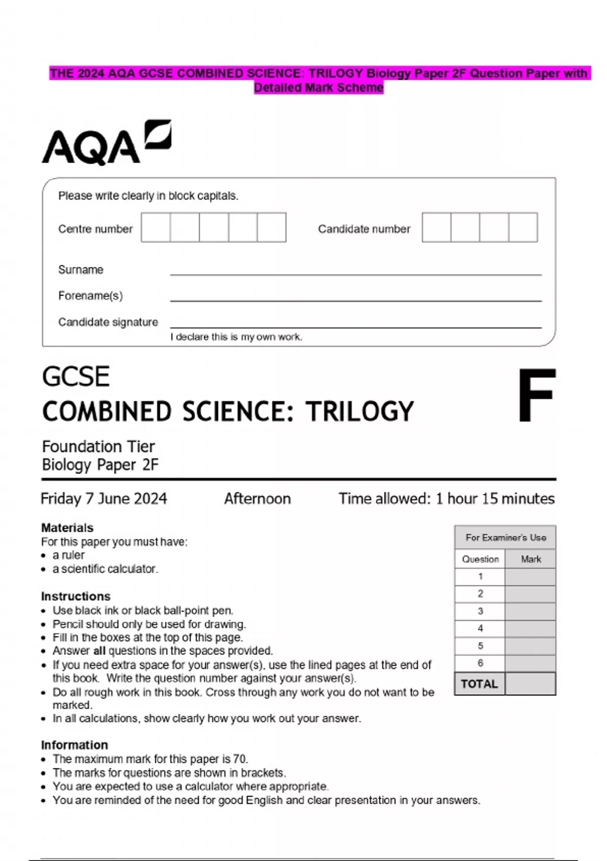 THE 2024 AQA GCSE COMBINED SCIENCE: TRILOGY Biology Paper 2F Question ...