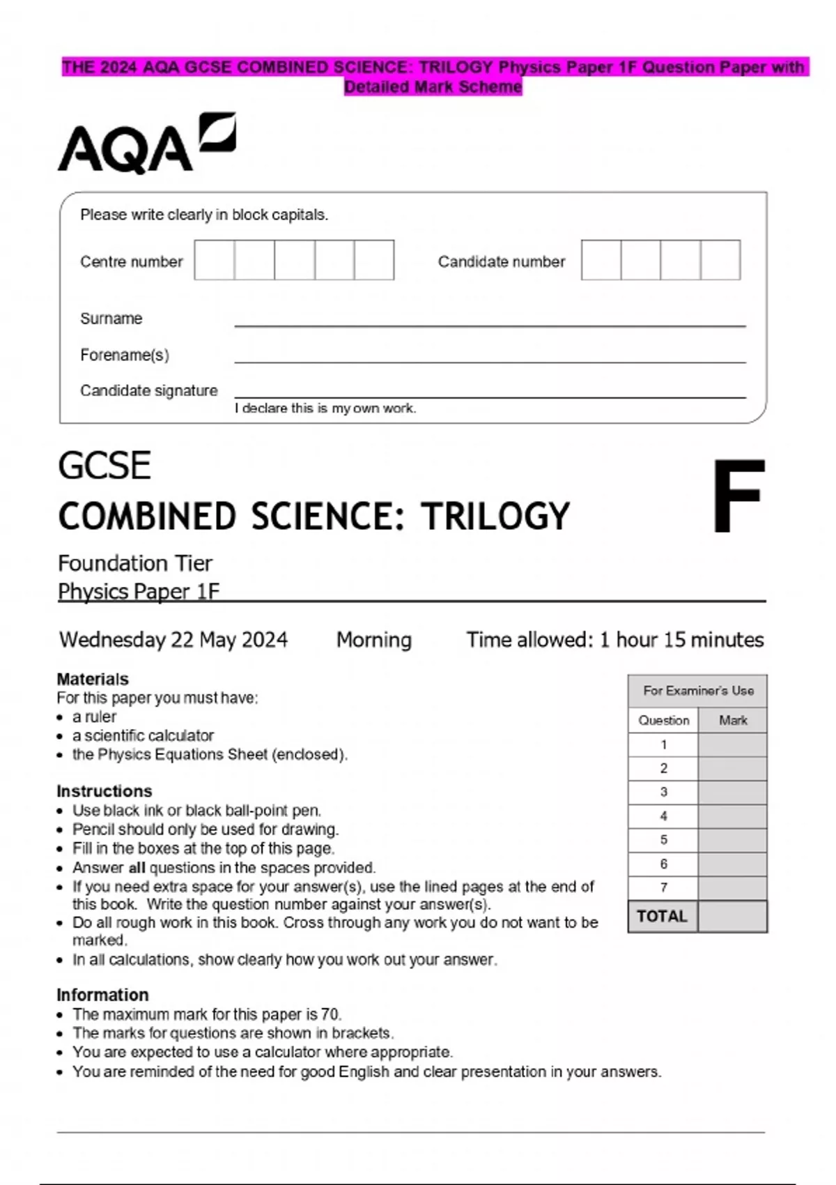 THE 2024 AQA GCSE COMBINED SCIENCE: TRILOGY Physics Paper 1F Question ...