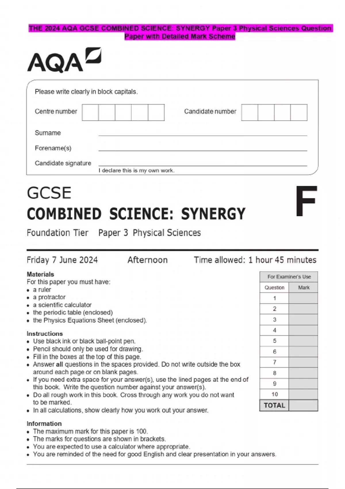 THE 2024 AQA GCSE COMBINED SCIENCE: SYNERGY Paper 3 Physical Sciences ...