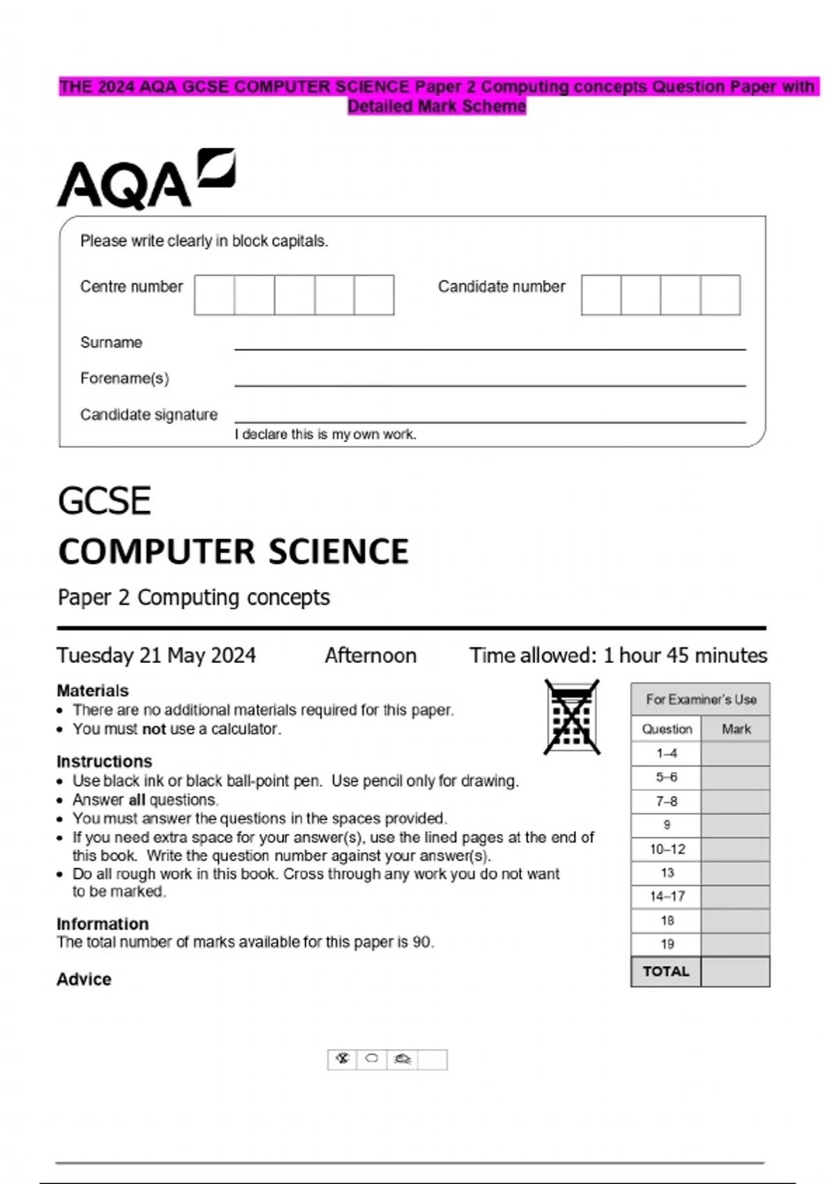 THE 2024 AQA GCSE COMPUTER SCIENCE Paper 2 Computing concepts Question Paper with Detailed Mark ...