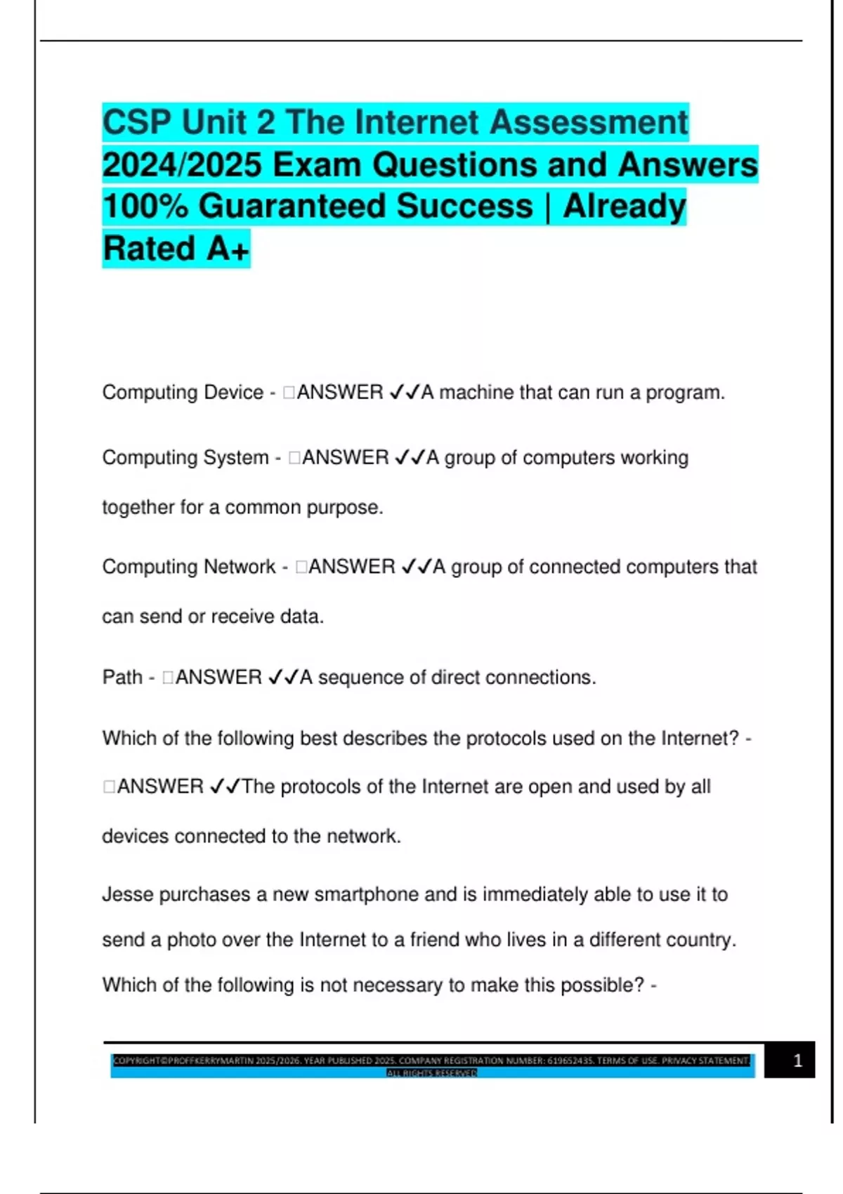 CSP Unit 2 The Internet Assessment 2024/2025 Exam Questions and Answers 100% Guaranteed Success ...