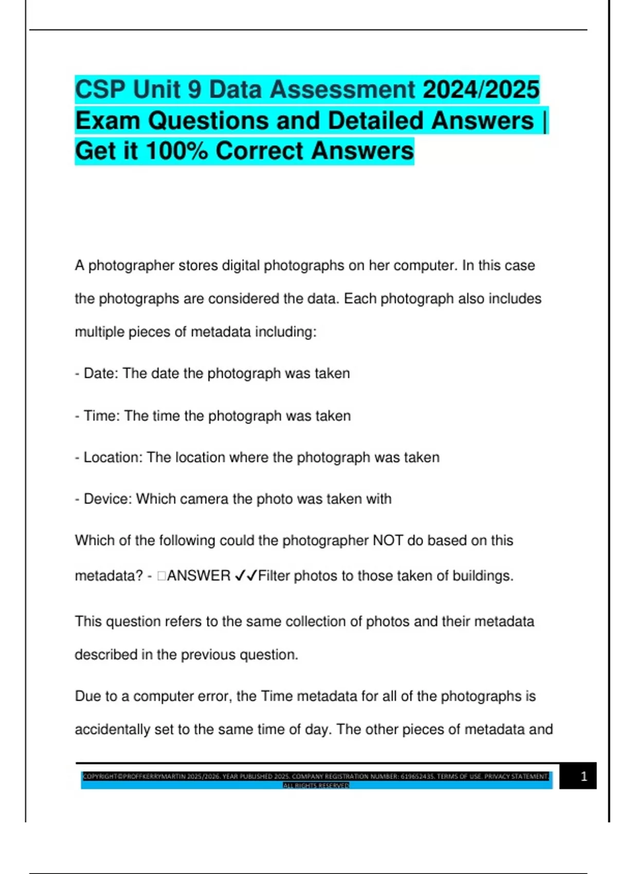 CSP Unit 9 Data Assessment 2024/2025 Exam Questions and Detailed Answers | Get it 100% Correct ...