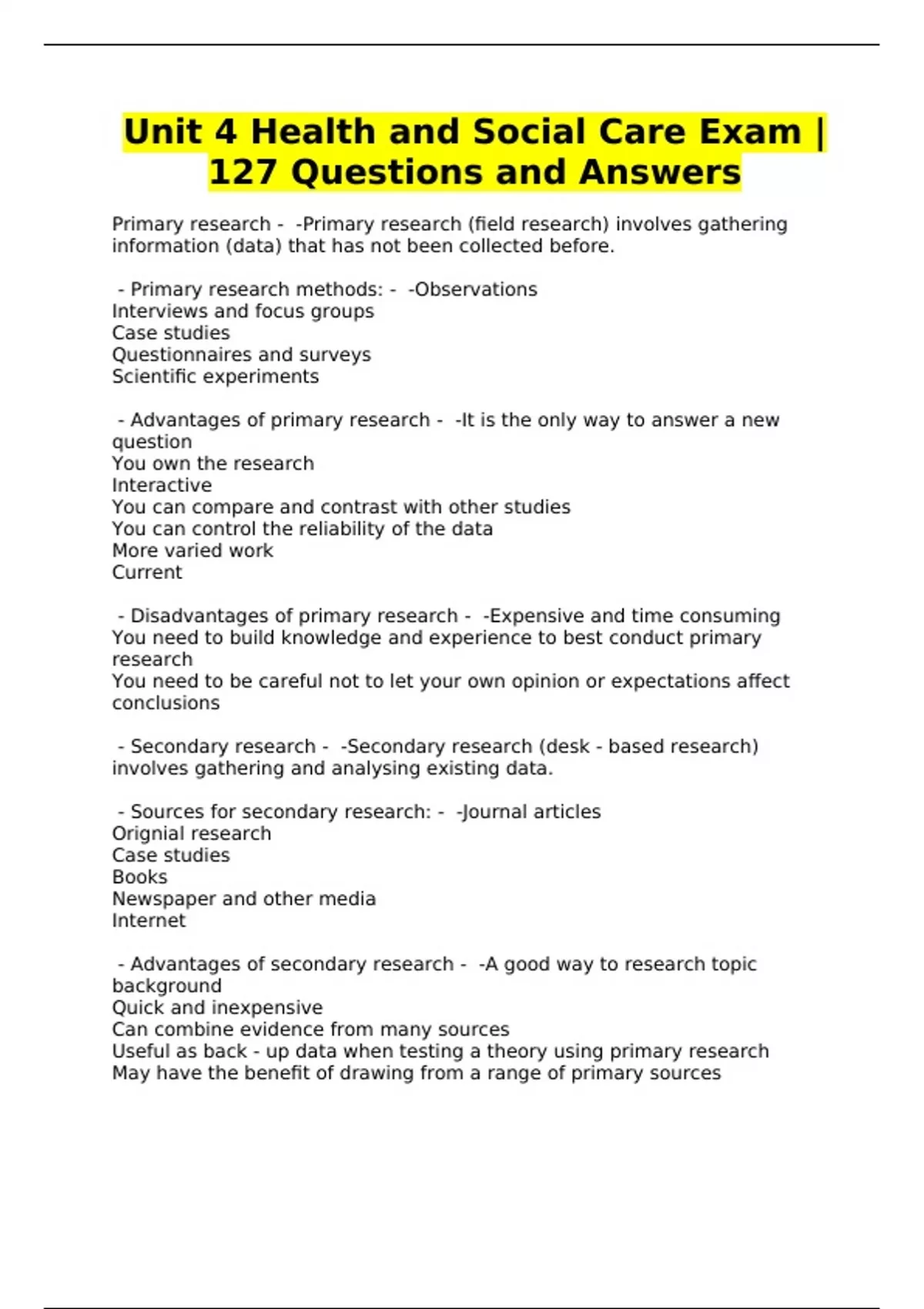 Unit 4 Health and Social Care Exam |127 Questions and Answers - Unit 4 ...
