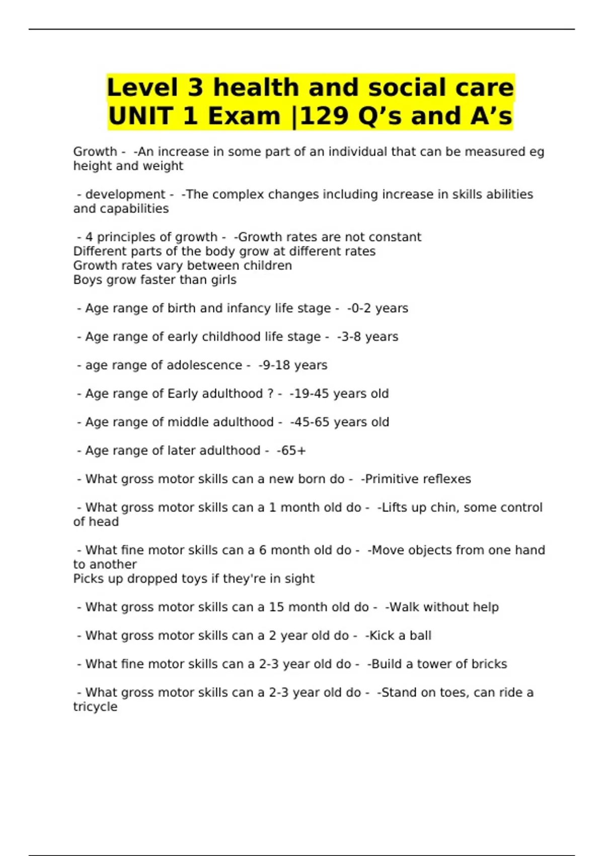 Level 3 health and social care UNIT 1 Exam |129 Q’s and A’s - Level 3 health and social care ...