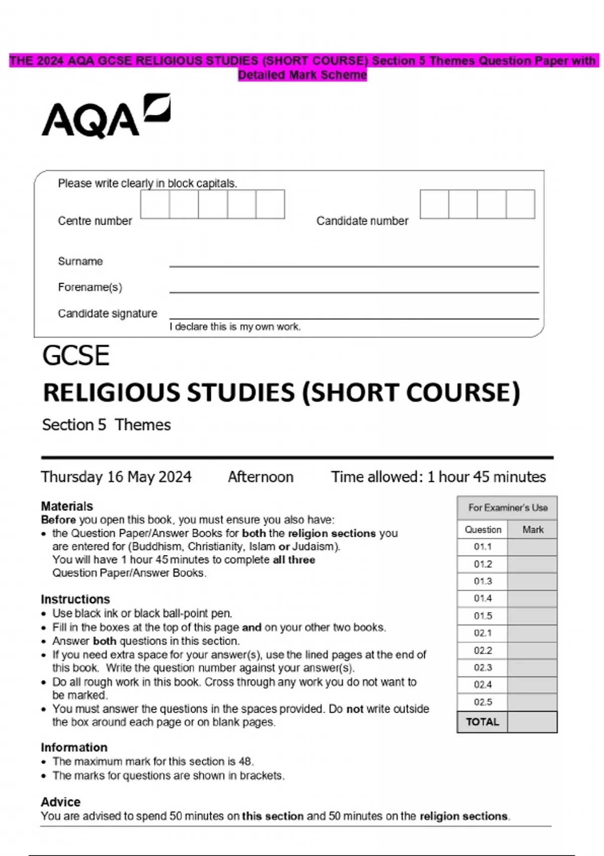 THE 2024 AQA GCSE RELIGIOUS STUDIES (SHORT COURSE) Section 5 Themes ...