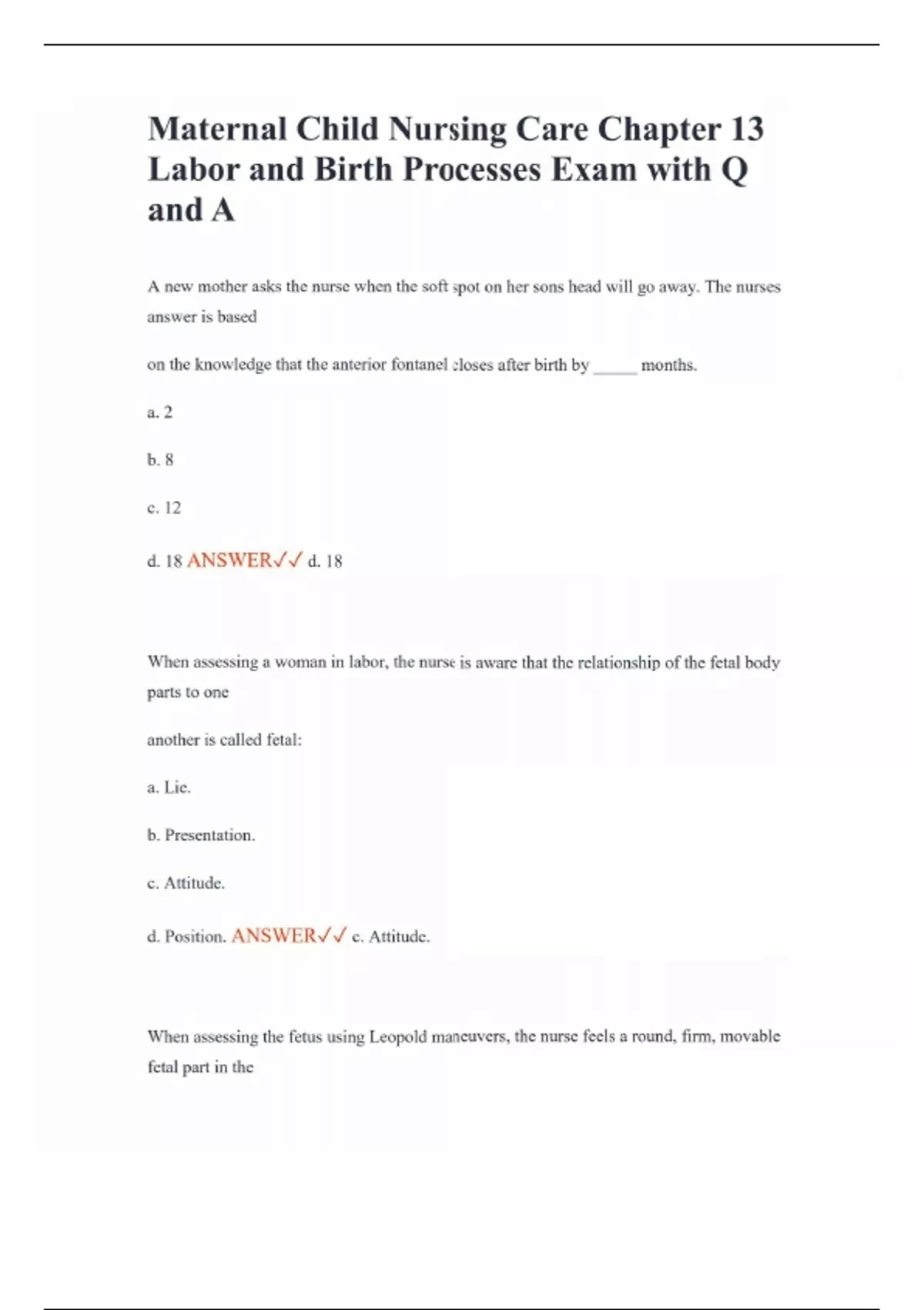 Maternal Child Nursing Care Chapter 13 Labor and Birth Processes Exam ...