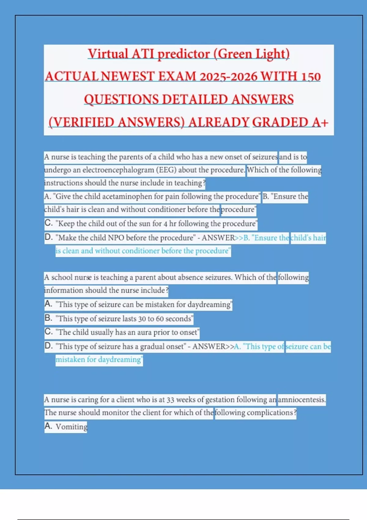 Virtual ATI Predictor [Green Light]ACTUAL NEWEST EXAM WITH 150 ...