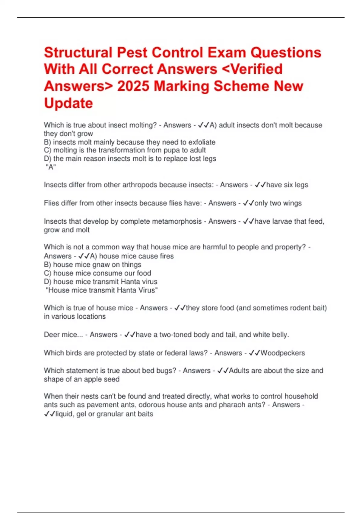 Structural Pest Control Exam Questions With All Correct Answers ...